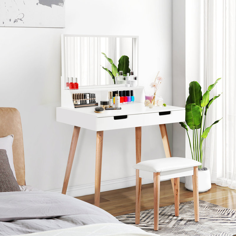 Ebern Designs Maximilien Wood Mirror Vanity Desk Makeup Table & Reviews ...