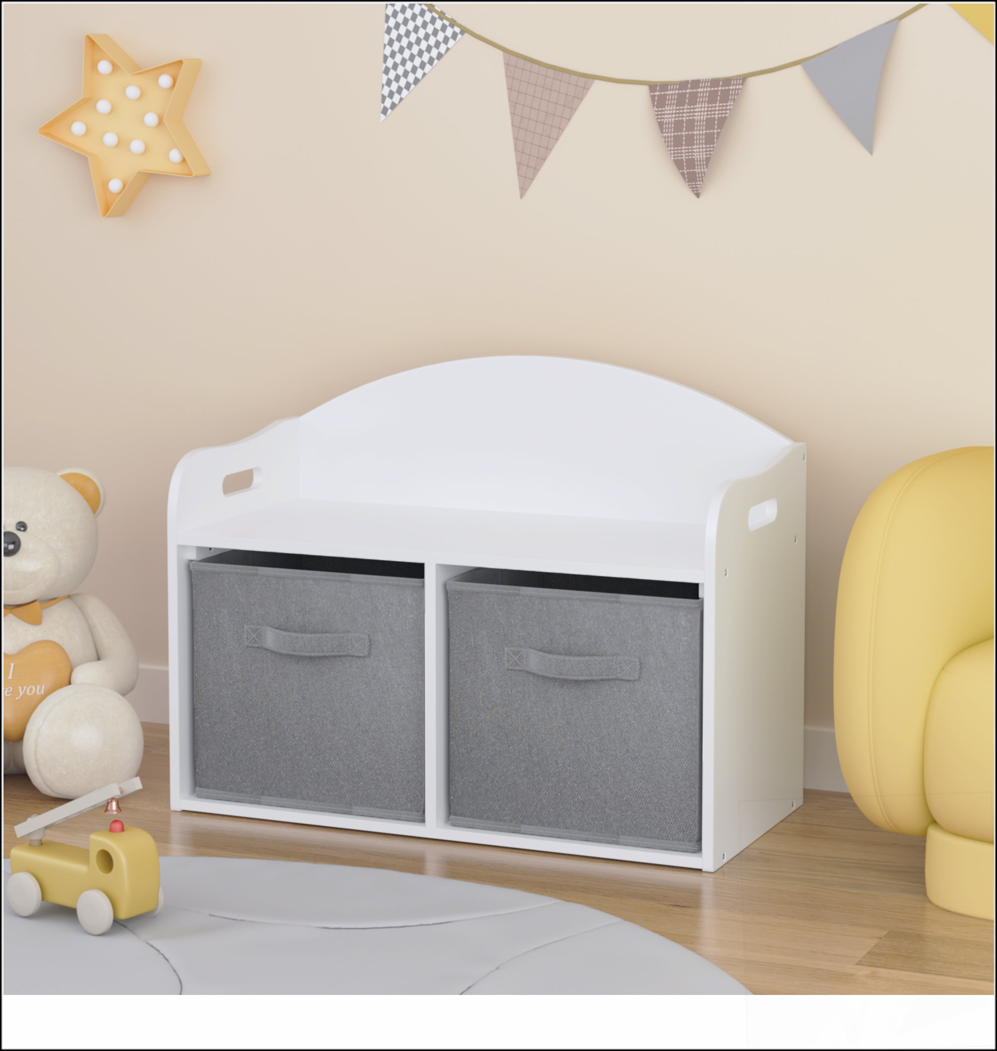 Ebern Designs Kids Wooden Toy Box/Bench with Collapsible Fabric Drawers ...