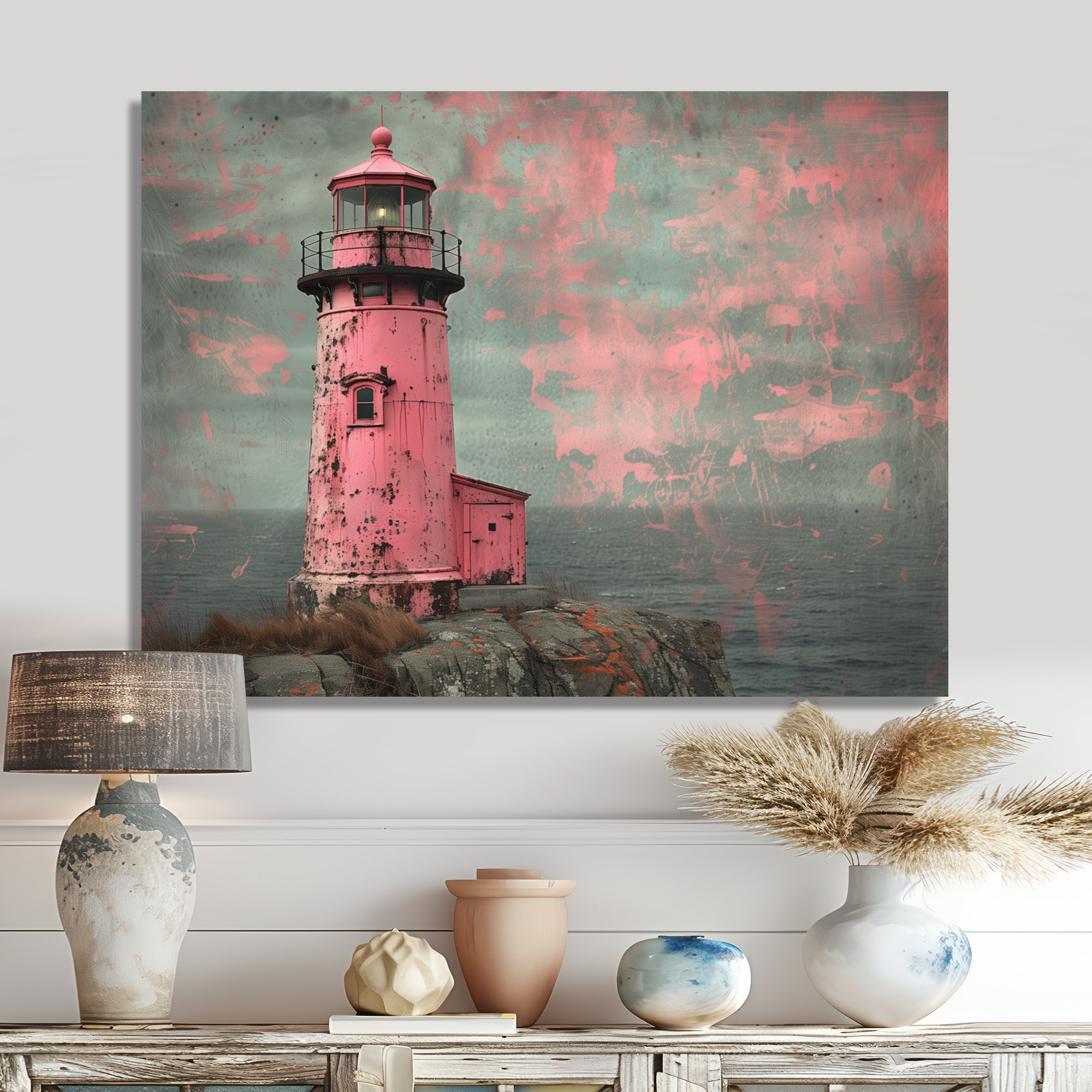 Breakwater Bay Pink Grey Vintage Lighthouse Cliff - Lighthouses Wall ...