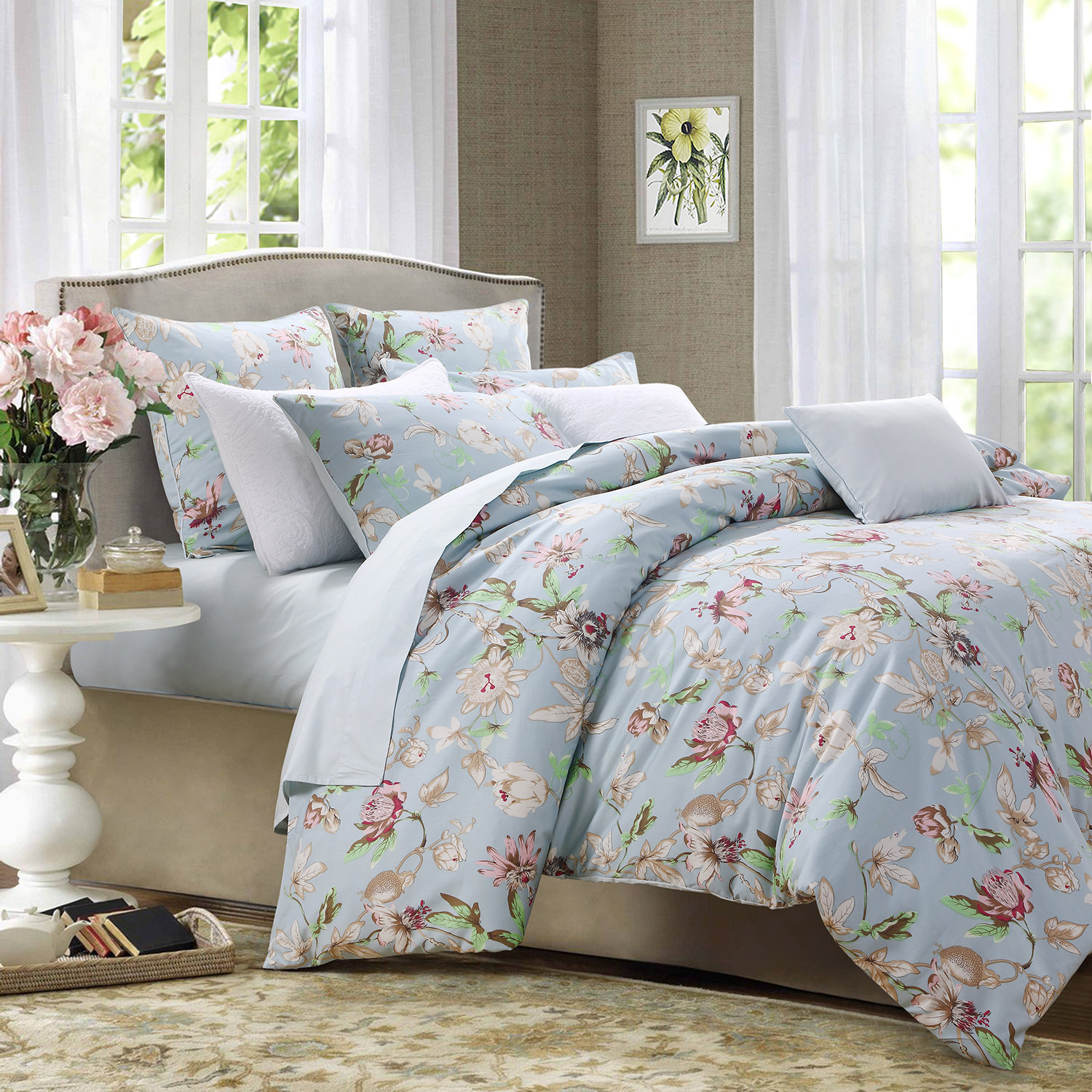 LISSTHER Vintage Floral Pattern in Light Blue Shabby Elegance Cotton ...