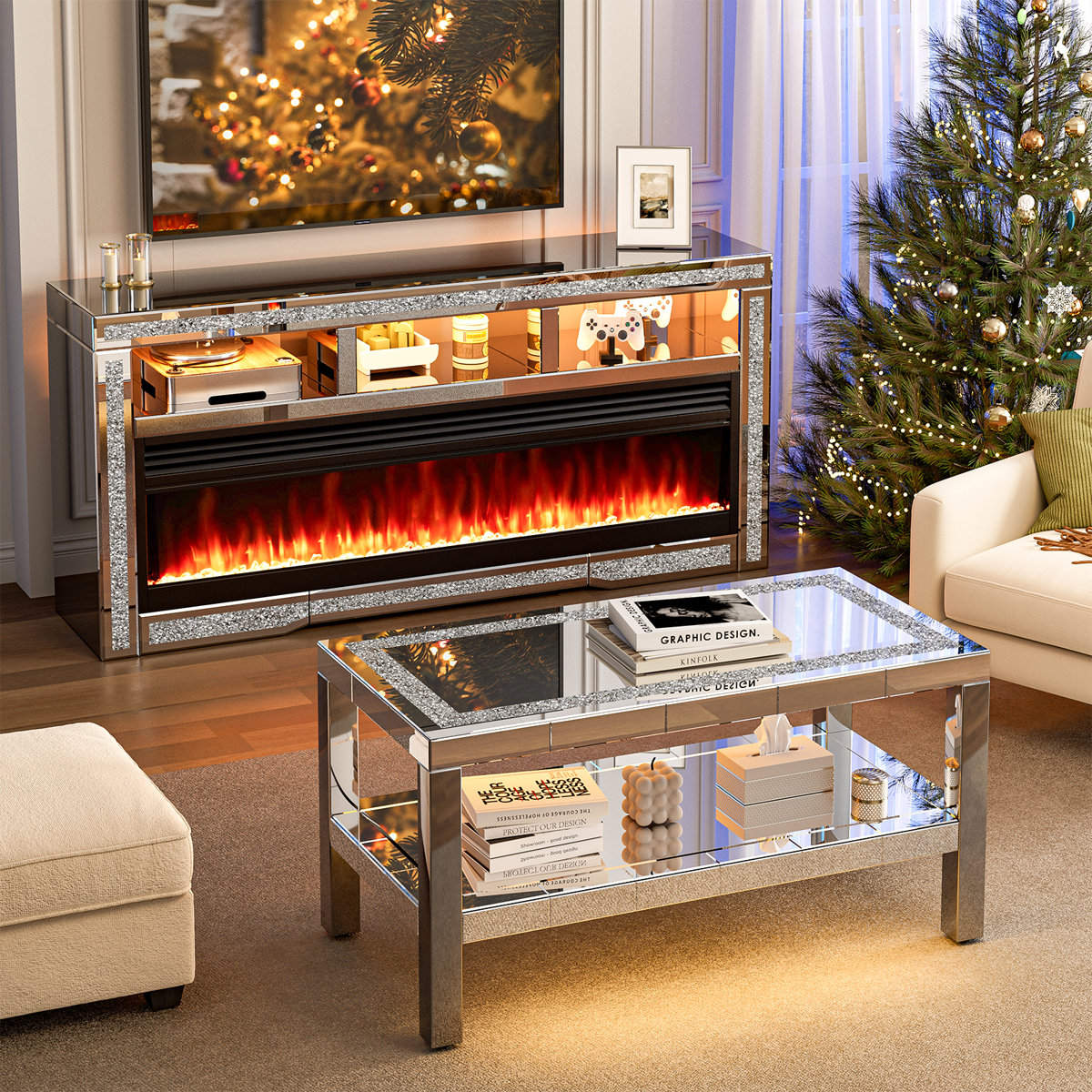 Everly Quinn Mirrored Fireplace Tv Stand For 65+ Inch Tv, Silver Tv ...