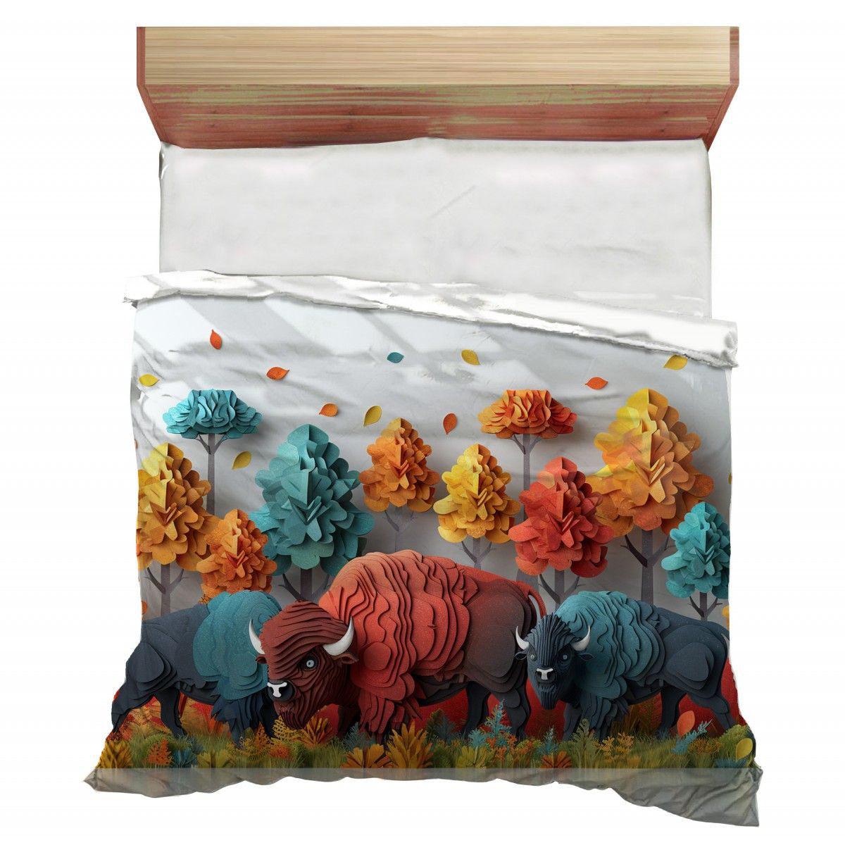 VisionDecor Bison Scene Bedding Animal Duvet Cover Colorful Foliage ...