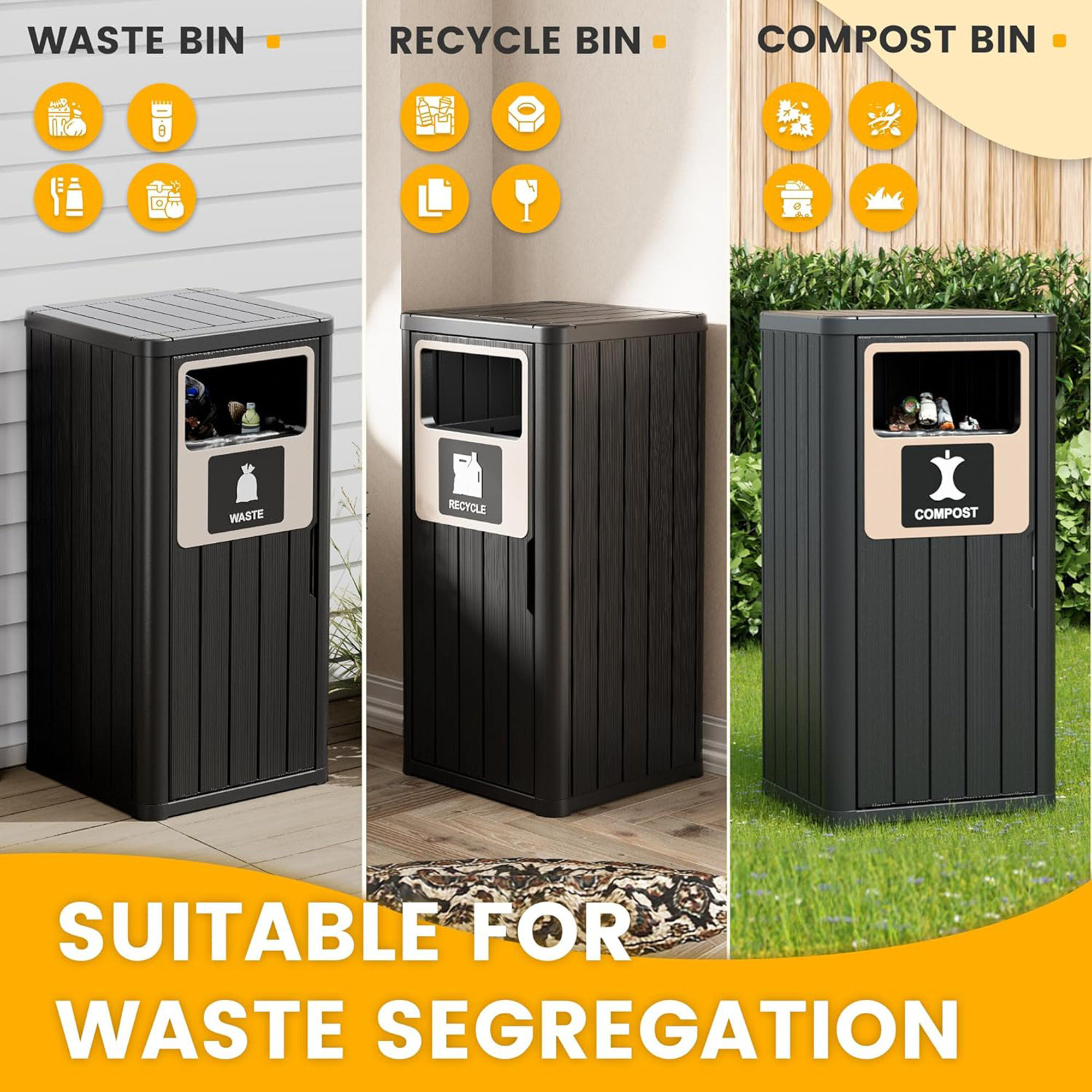 rosie art 3×80L Black Outdoor Waste Bin with Triple-Bucket Design ...