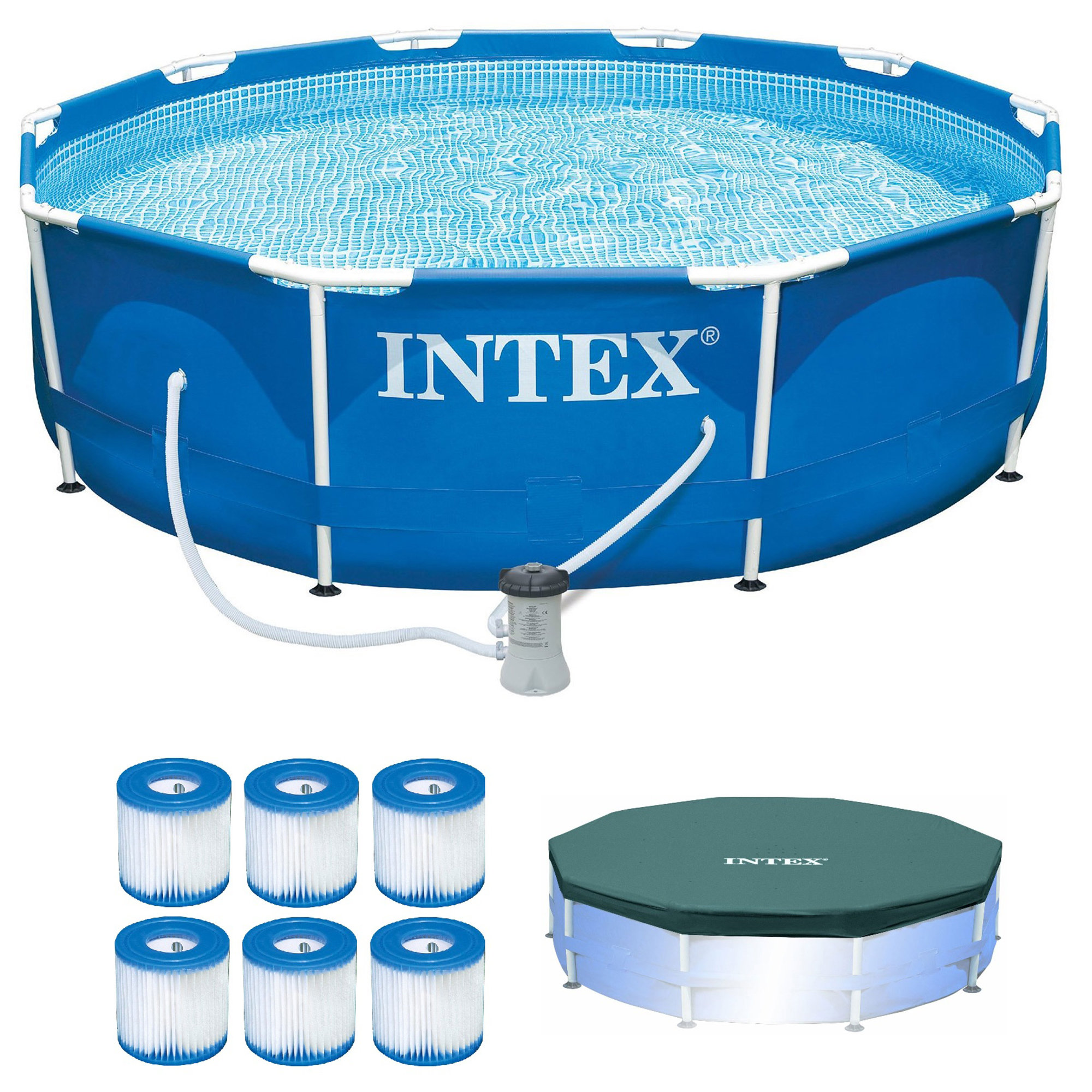Intex Metal Frame Outdoor Pool Set with Cover & Type H Filter Cartridge ...