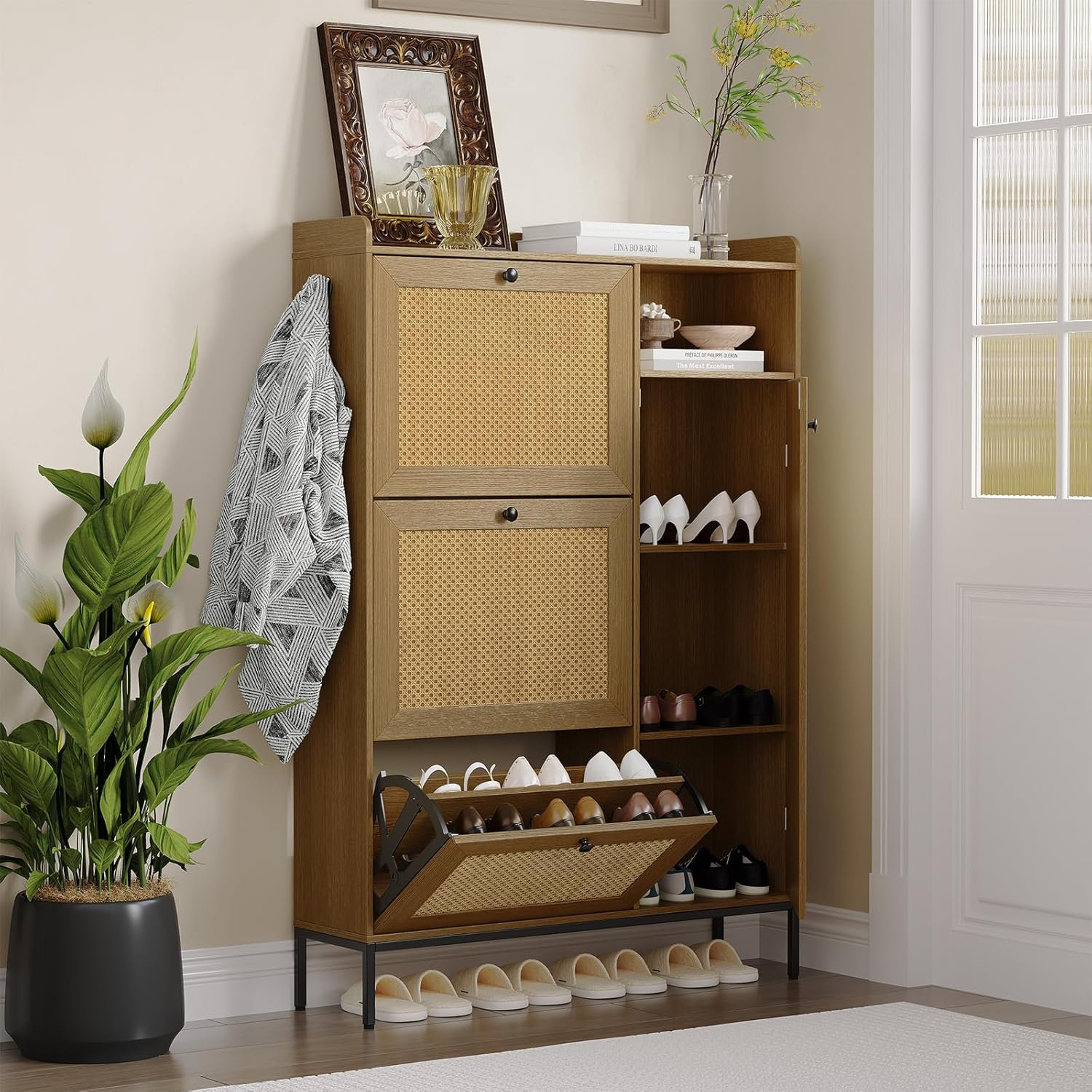 Bay Isle Home™ Rattan Shoe Storage Cabinet with 3 Flip Drawers | Wayfair