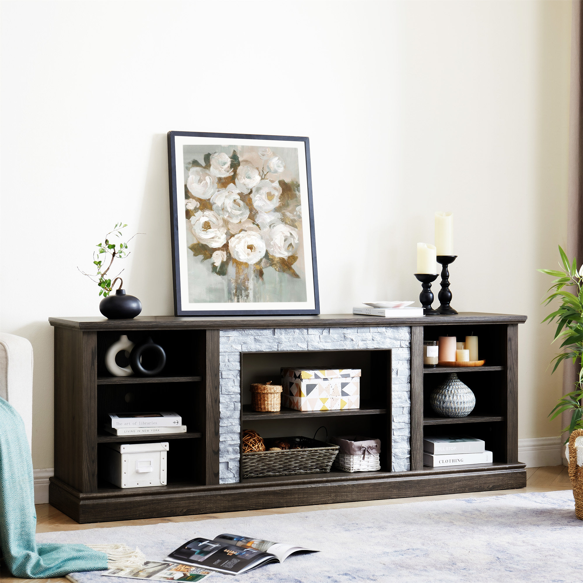 Lark Manor™ Large TV Stand TV Desk Storage Rack With Faux Stacked Stone ...