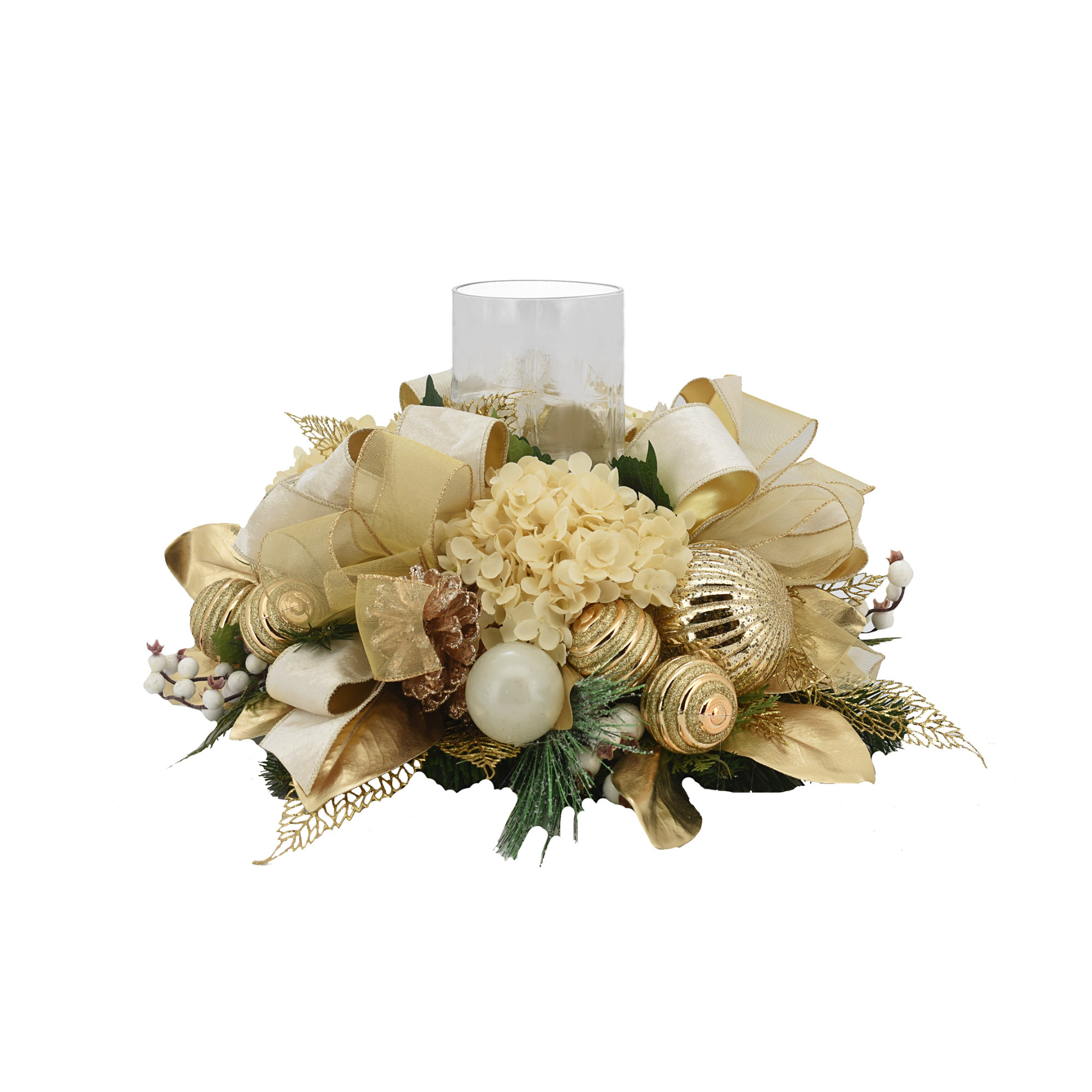 Primrue Holiday Centerpiece with Hydrangeas, Ornaments, Pinecones ...
