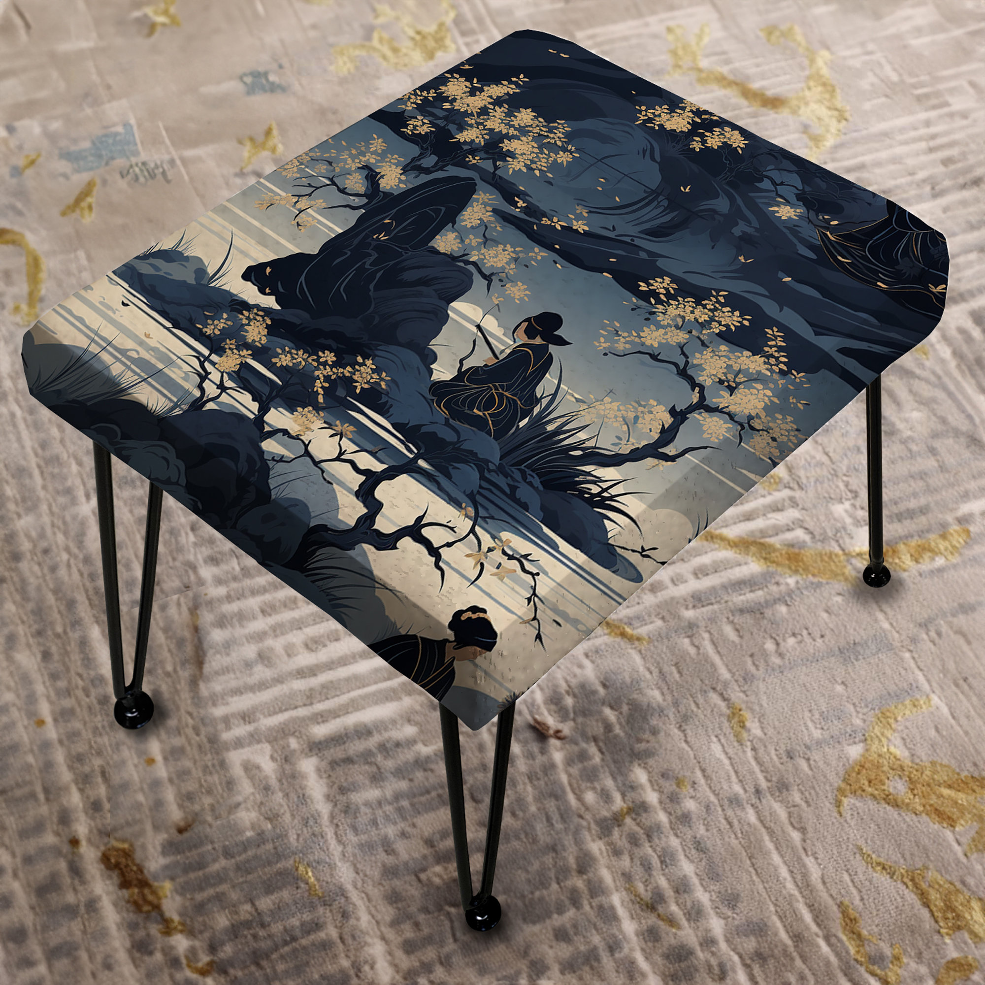 Design Art Japan Blue Samurai Silhouettes - Japanese Rectangle Ottoman ...
