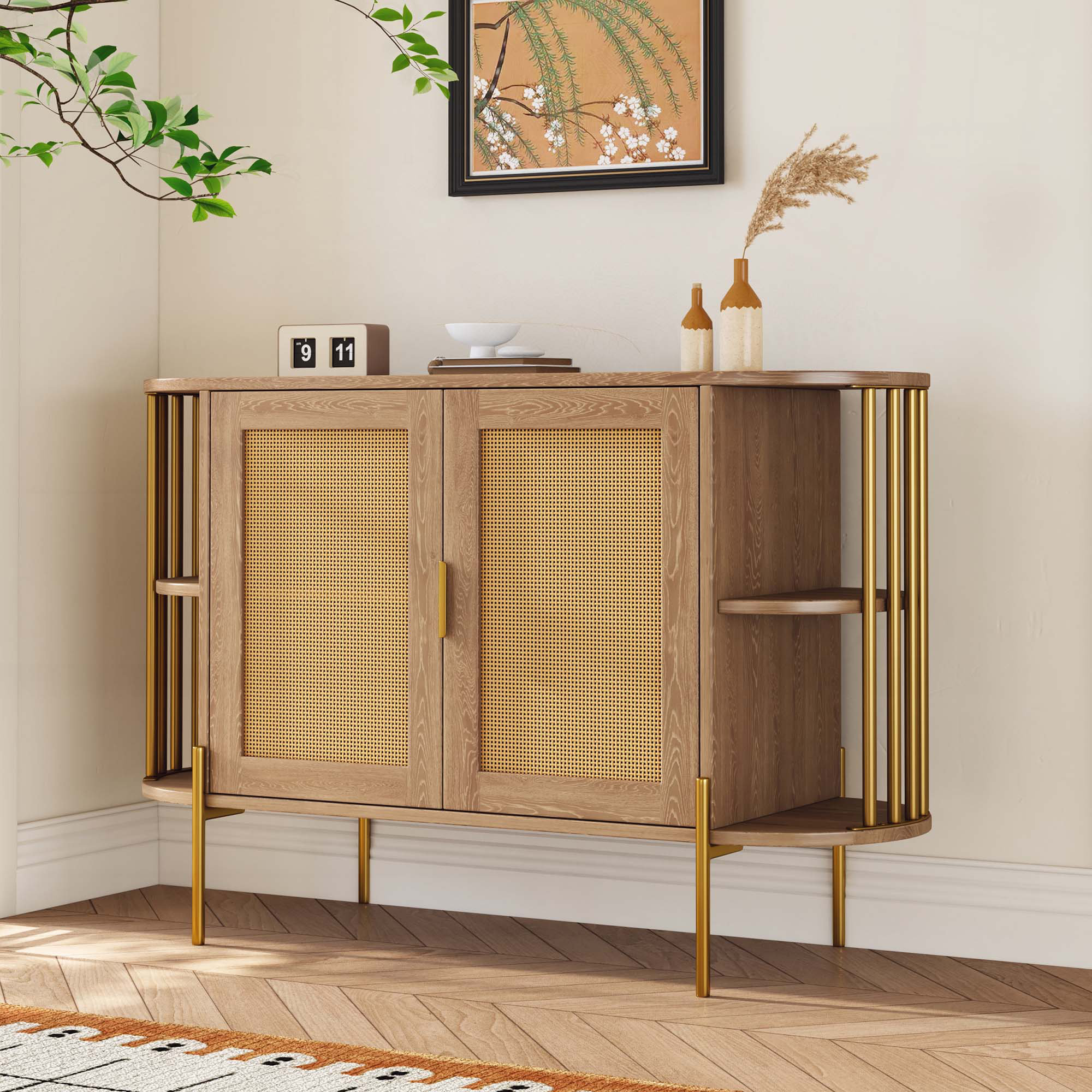 Mercer41 2-Door Wood Storage Console Table Sofa Table with Rattan Door ...