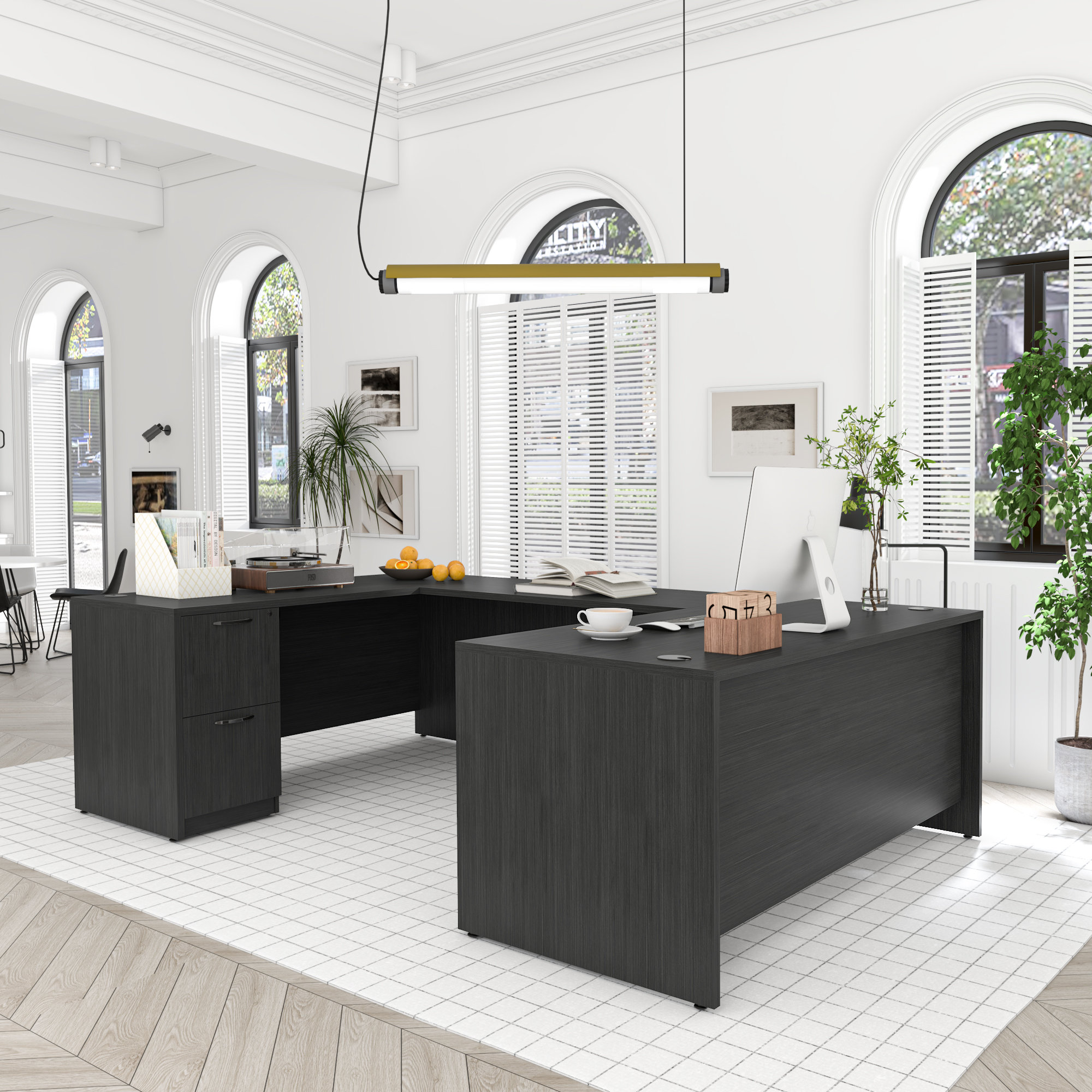 Inbox Zero 100.4'' U-Shaped Executive Desk With Lockable File Cabinets ...