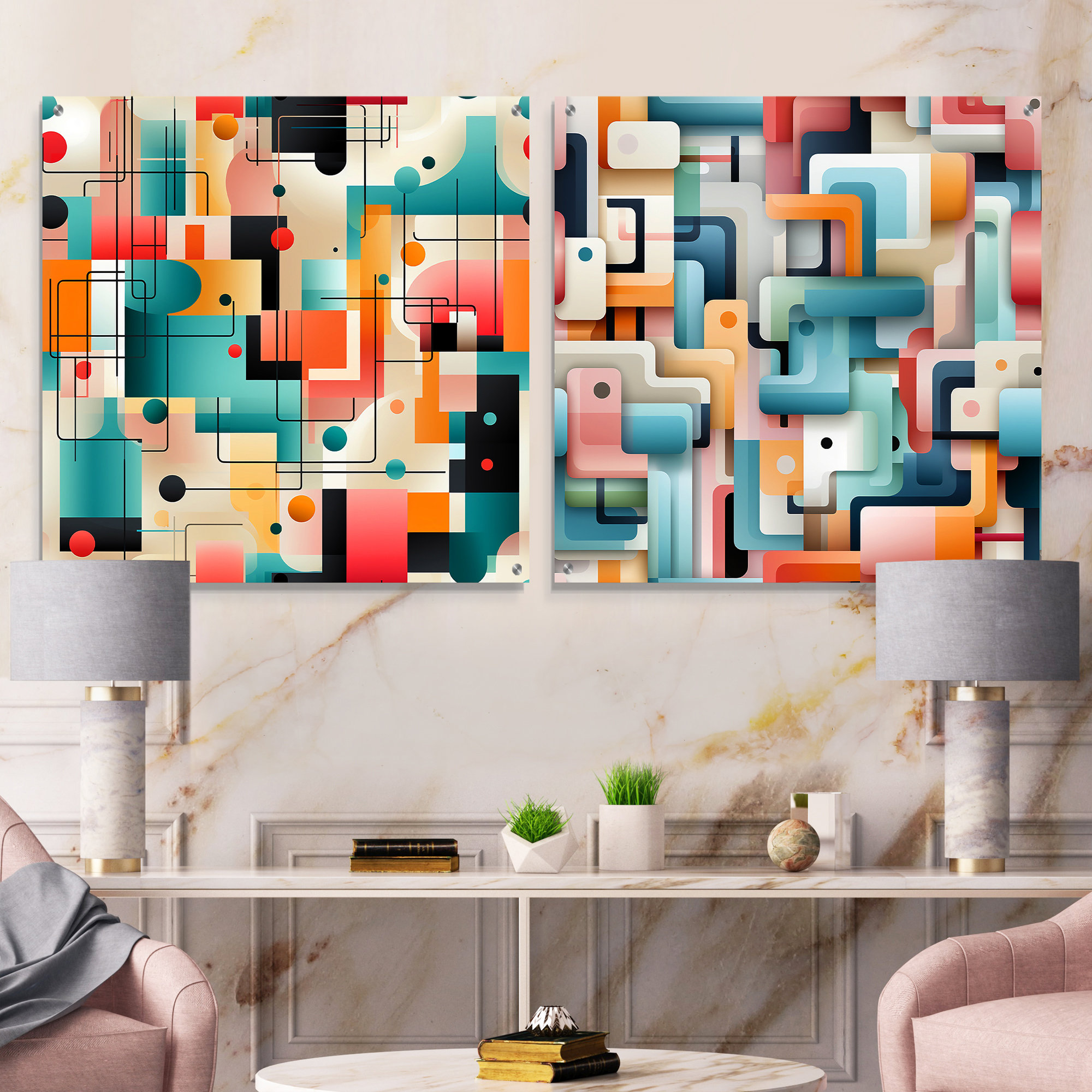 Design Art Geometric Green And Pink Gridlock - Abstract Geometric ...