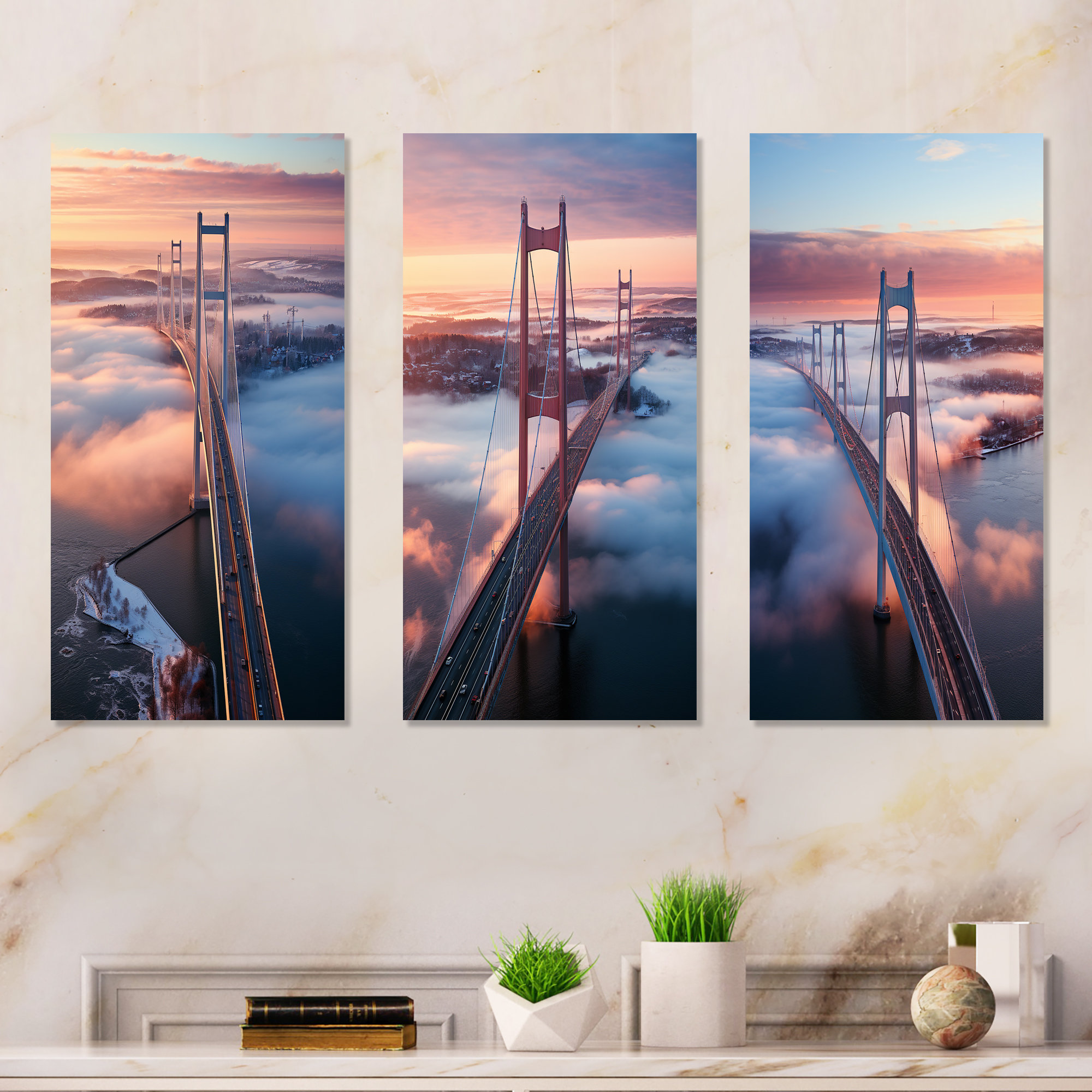 Hokku Designs Blue And Pink Bridge Sunset Views I - Bridges Wall Art ...