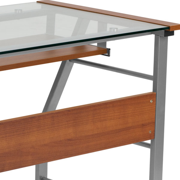 Ebern Designs Boyne Glass Computer Desk with Pull-Out Keyboard Tray and ...