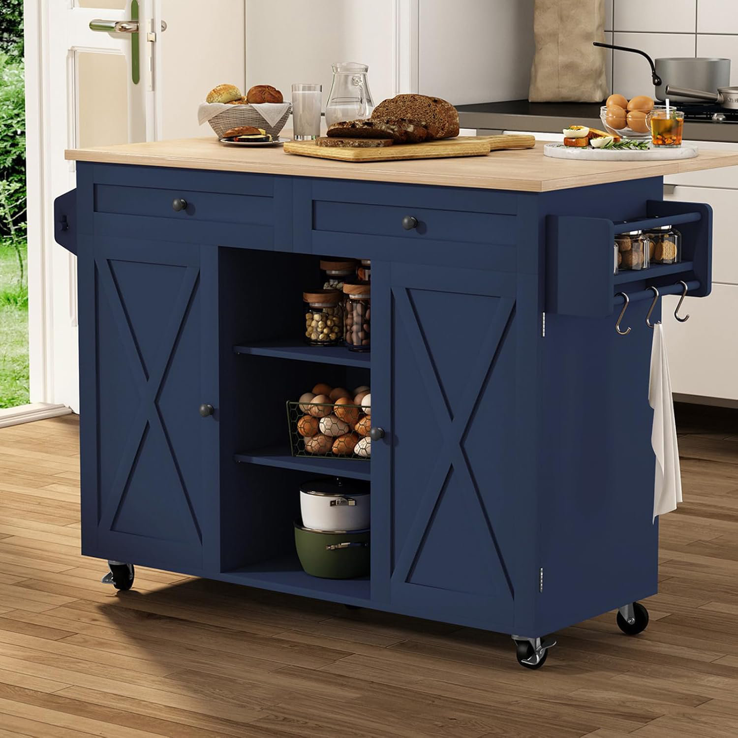 Breakwater Bay Blue Rolling Kitchen Island Cart with Solid Wood Drop ...