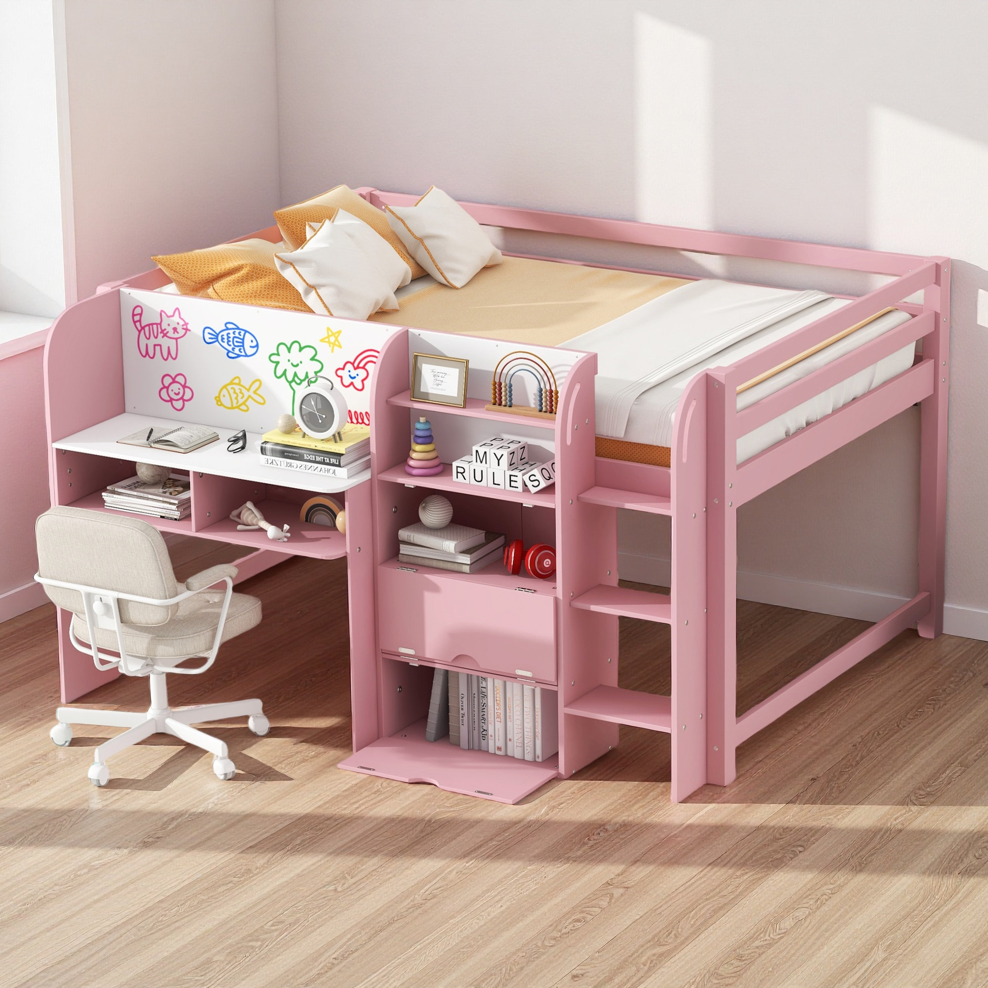 Harriet Bee Full Size Low Loft Bed With Built-in Desk, Storage Cabinets ...