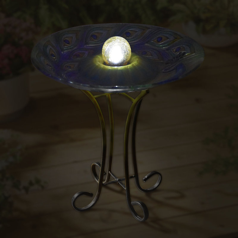 Hi-Line Gift Ltd. Solar Orb Peacock Glass Bird Bath with Stand ...