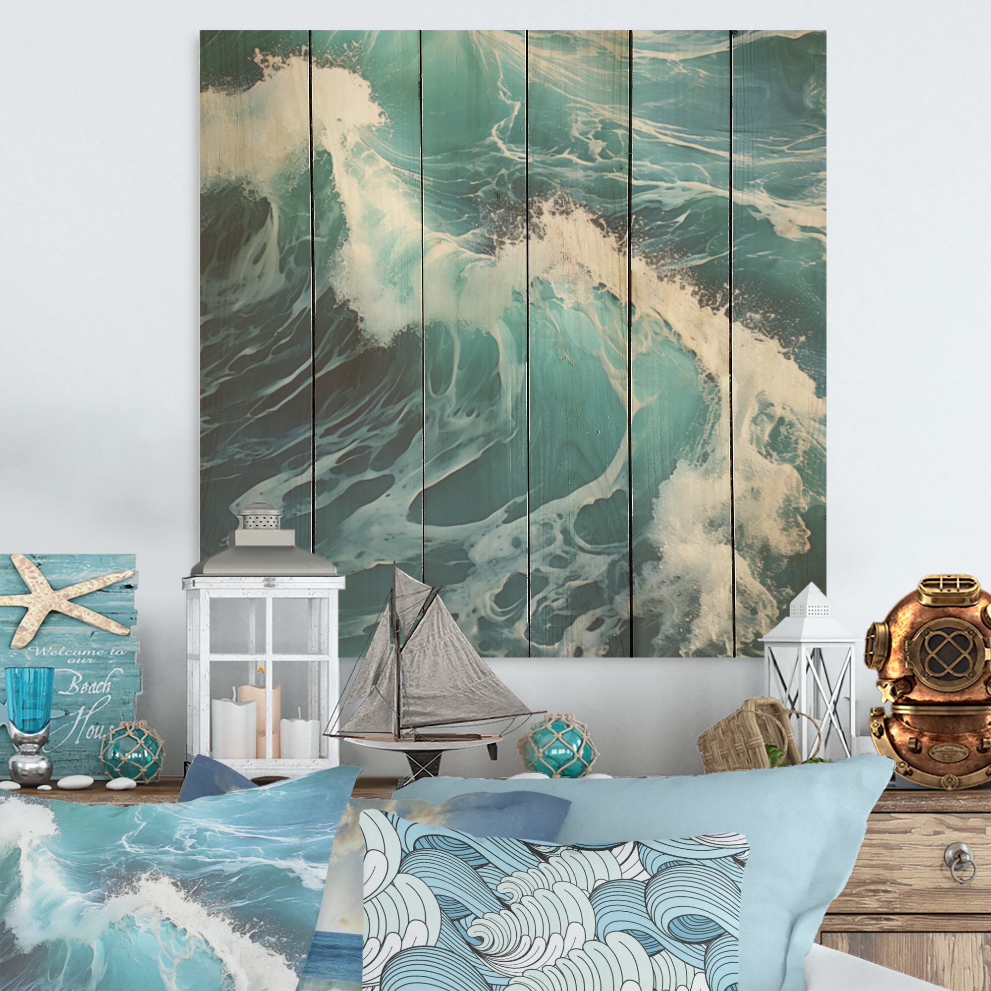Highland Dunes Fauvism Blue Waves - Ocean Wood Art On Natural Pine Wood ...