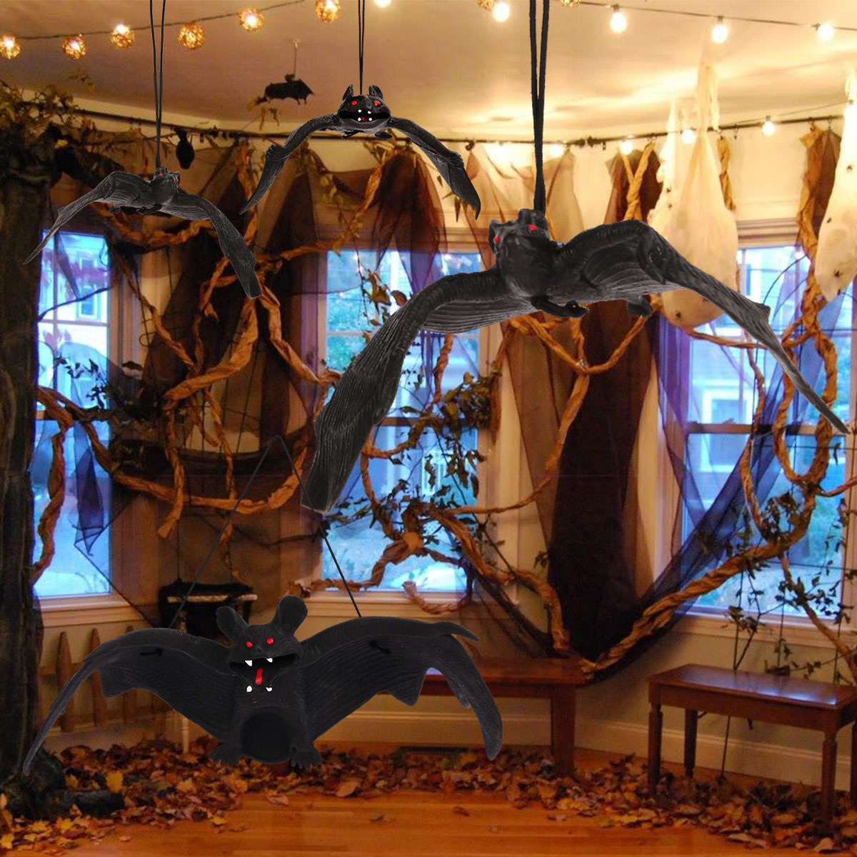 The Holiday Aisle® 4pcs Halloween Hanging Bats Decorations Realistic ...