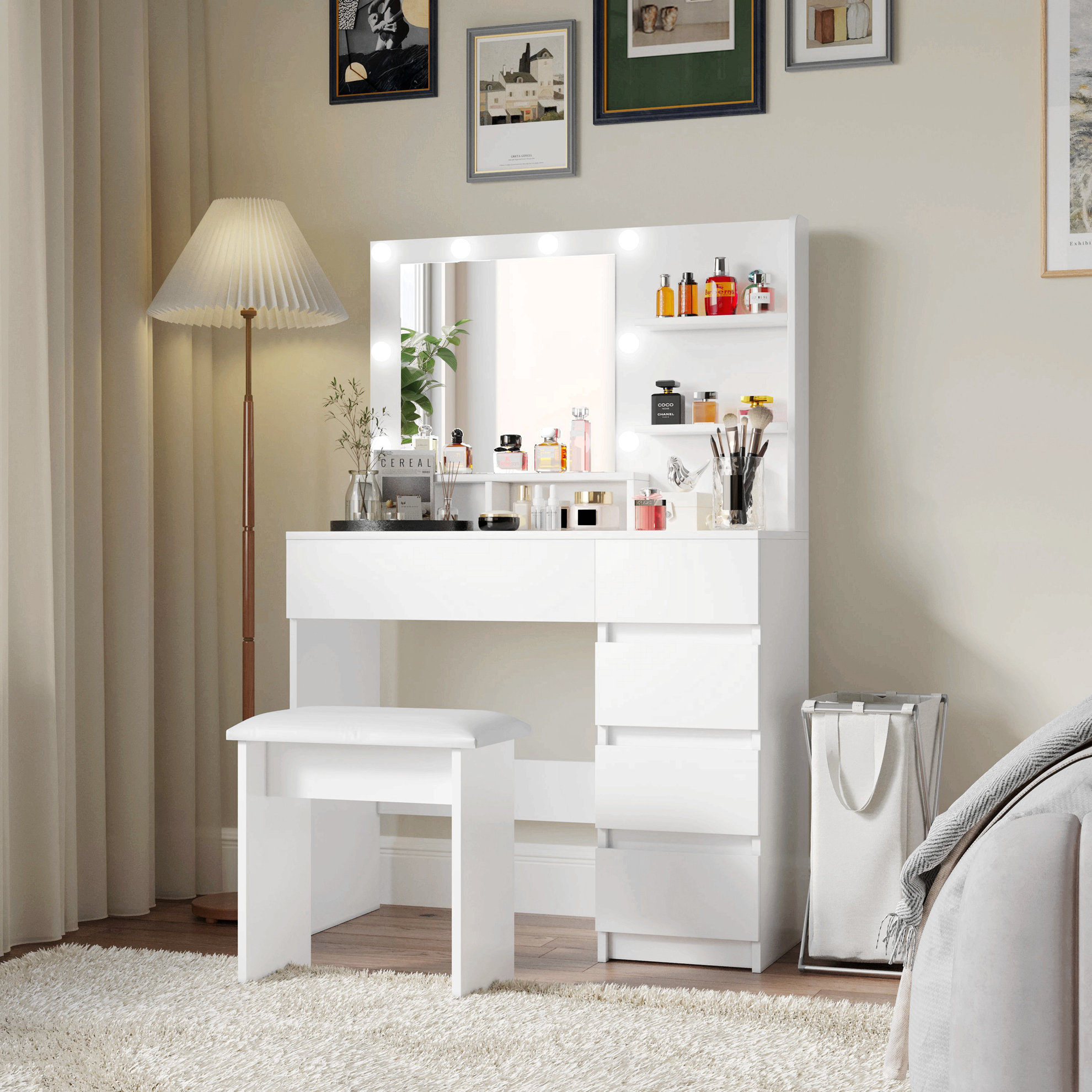 Latitude Run® Vanity, Makeup Vanity Desk Set With Mirror & Light, Dressing Table Storage Lots ...