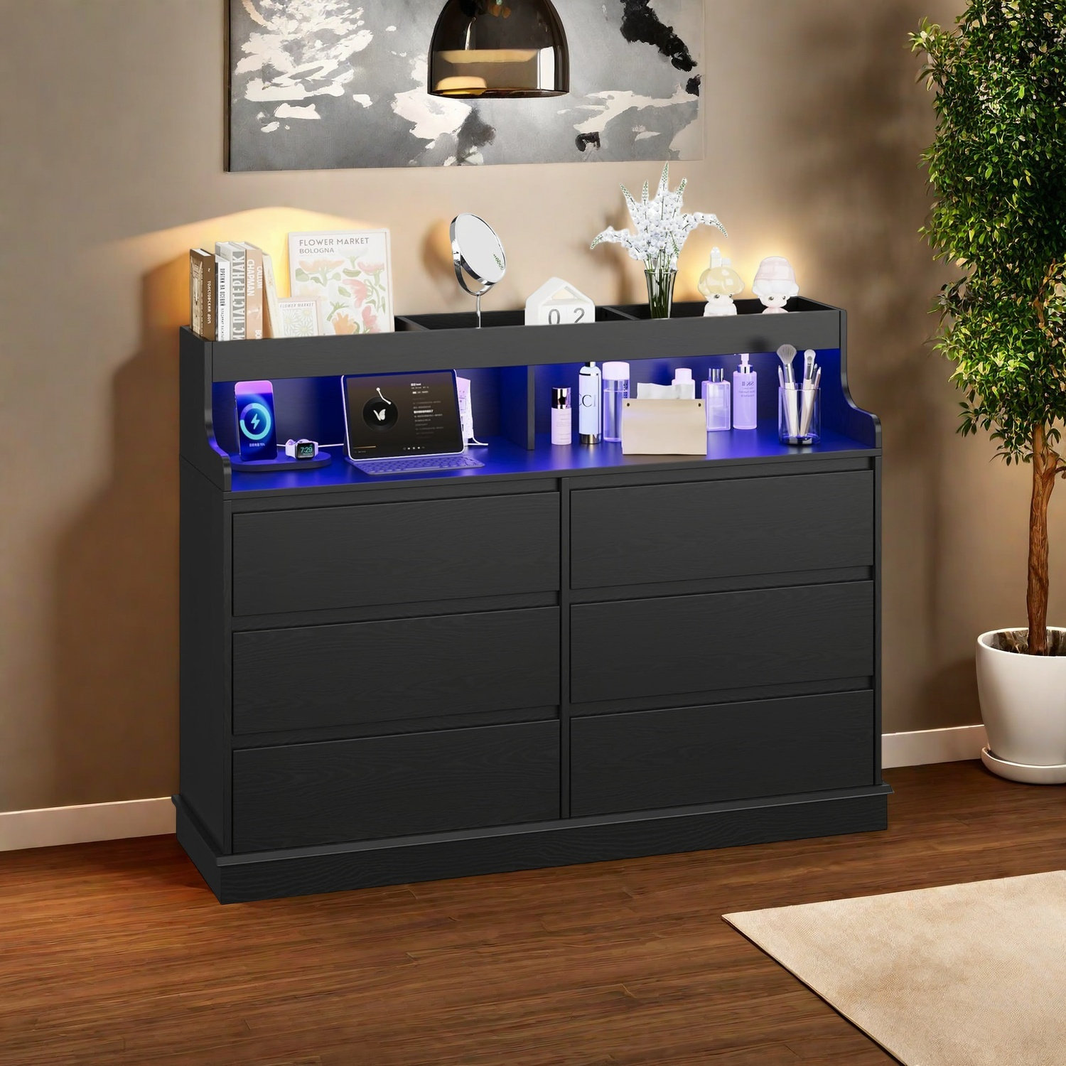 Wrought Studio™ Dresser For Bedroom, 6 Drawer Dresser With Led Lights ...