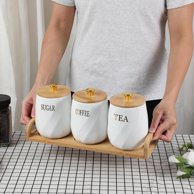 Gracie Oaks 3 Pack Ceramic Canister Set With Bamboo Lids And Handle ...