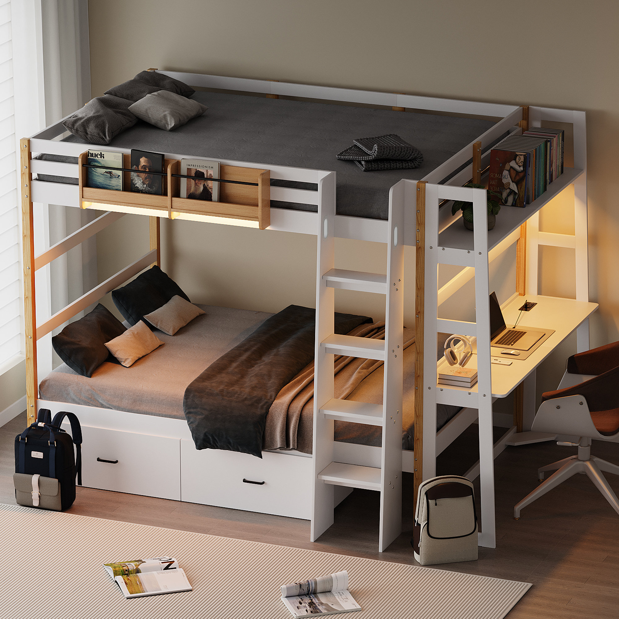 Isabelle & Max™ Solid Wood Bunk Bed with Convertible Desk, Built-In ...