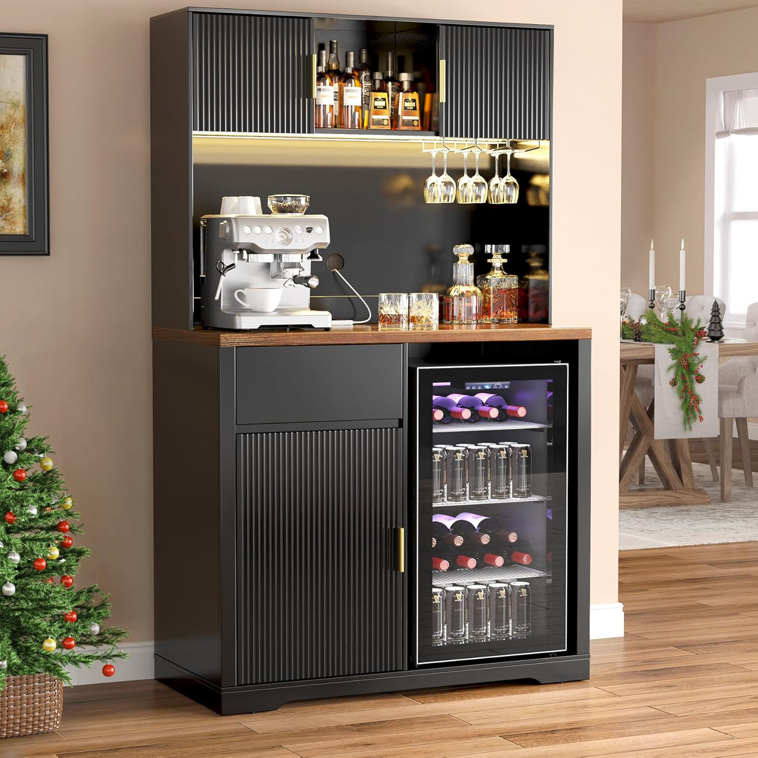 17 Stories 72" Tall Bar Cabinet with Fridge Space, Fluted Coffee Liquor ...