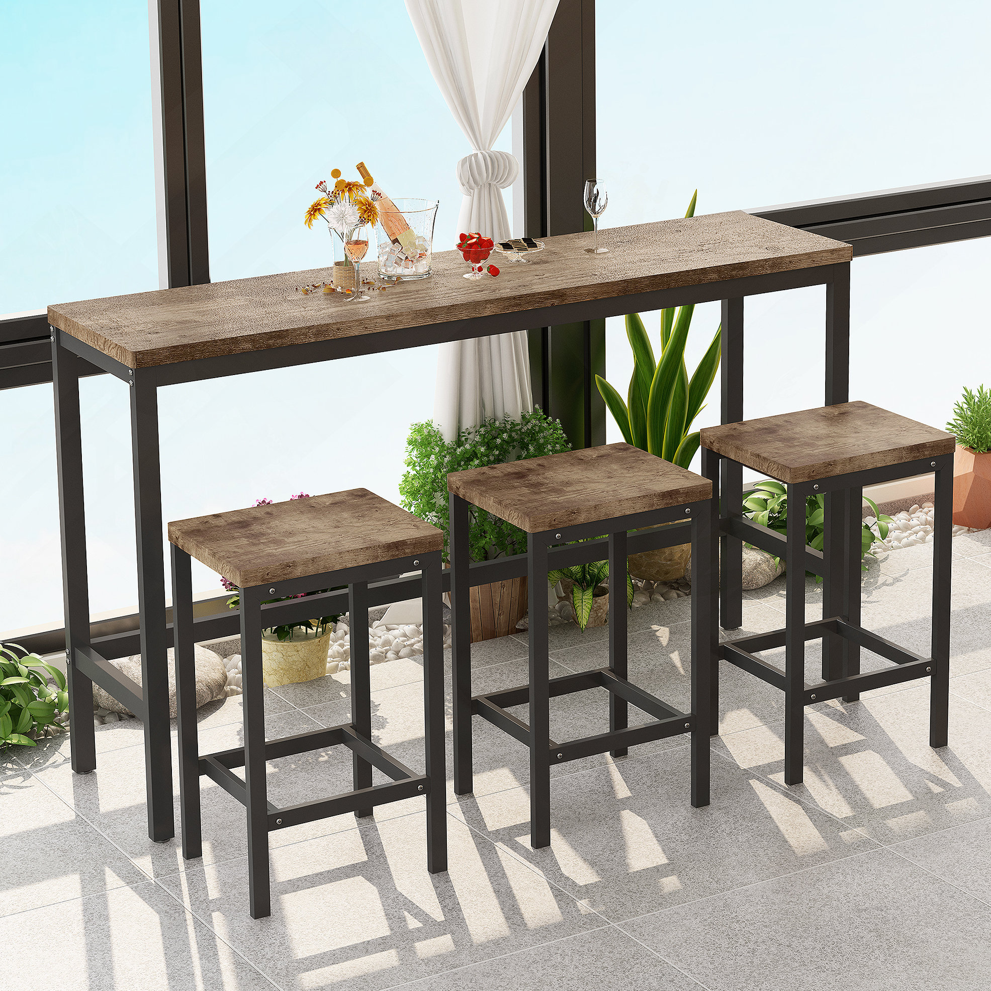 17 Stories Kitchen Dining Table,Pub Table,Long Dining Table Set with 3 ...