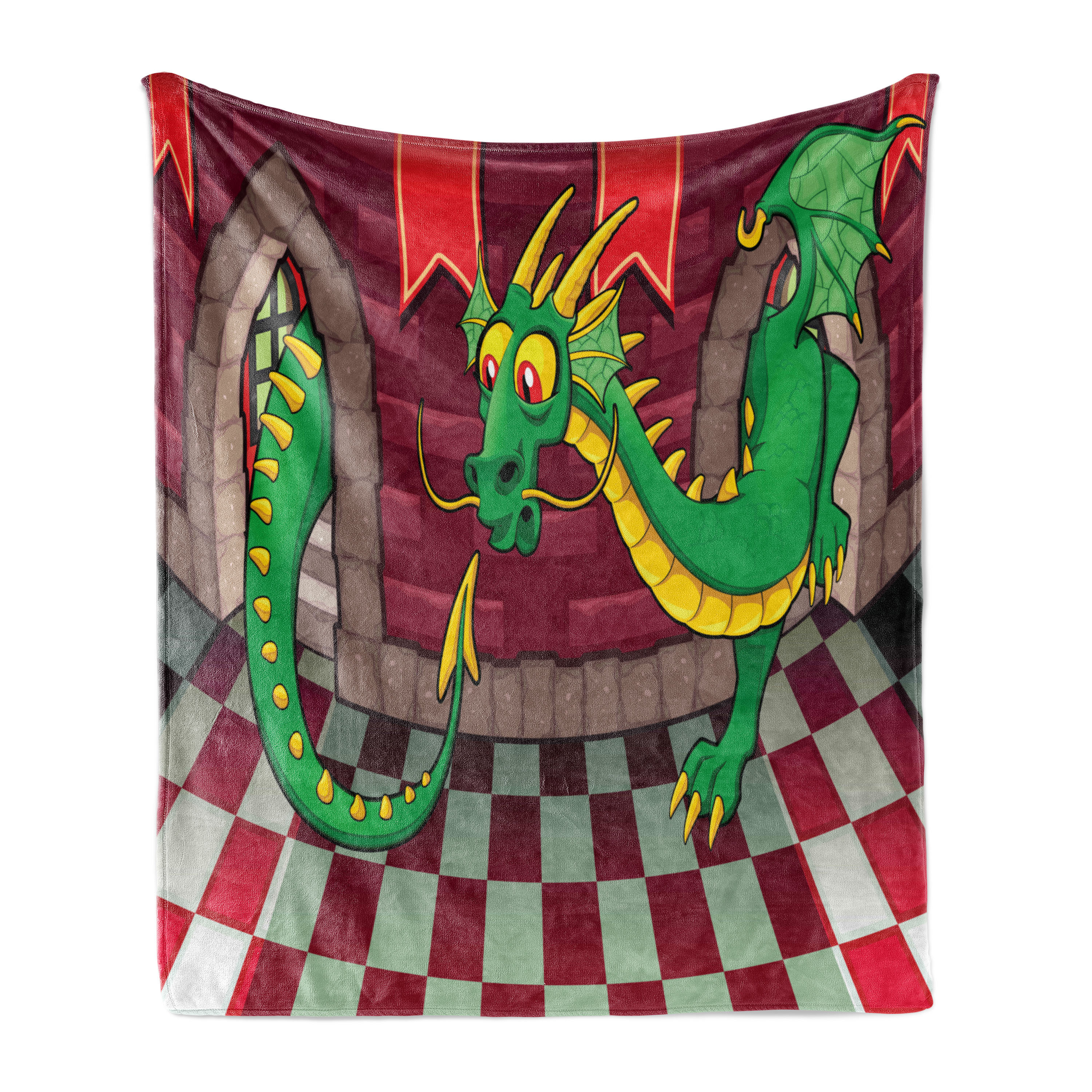 Ambesonne Cartoon Fleece Throw Blanket Castle with Dragon Ruby Green ...