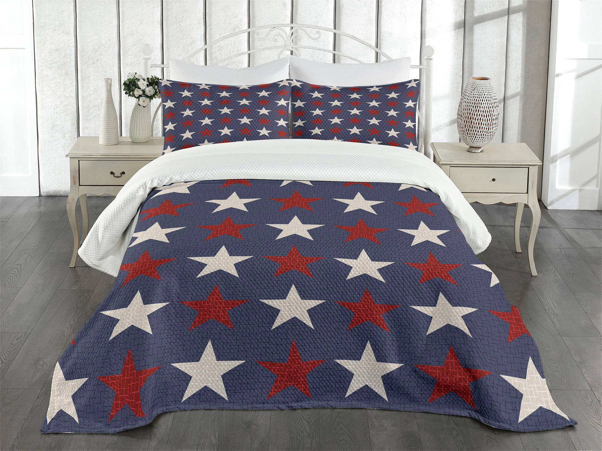 Ambesonne Prehistoric Country Bedspread Set US Freedom Dark Blue White ...