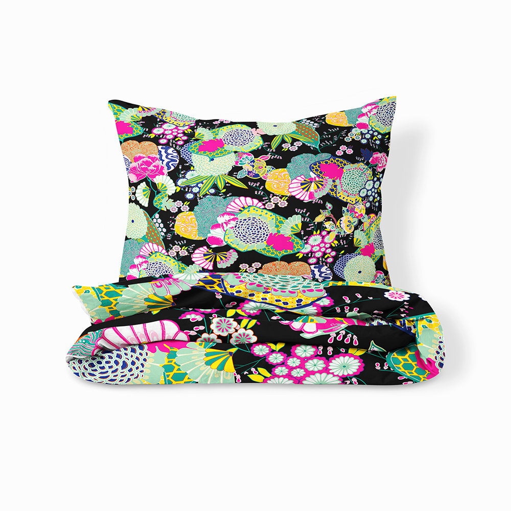 Folk N Funky Black Colour Floral Pattern Duvet Cover Set With Curtains ...
