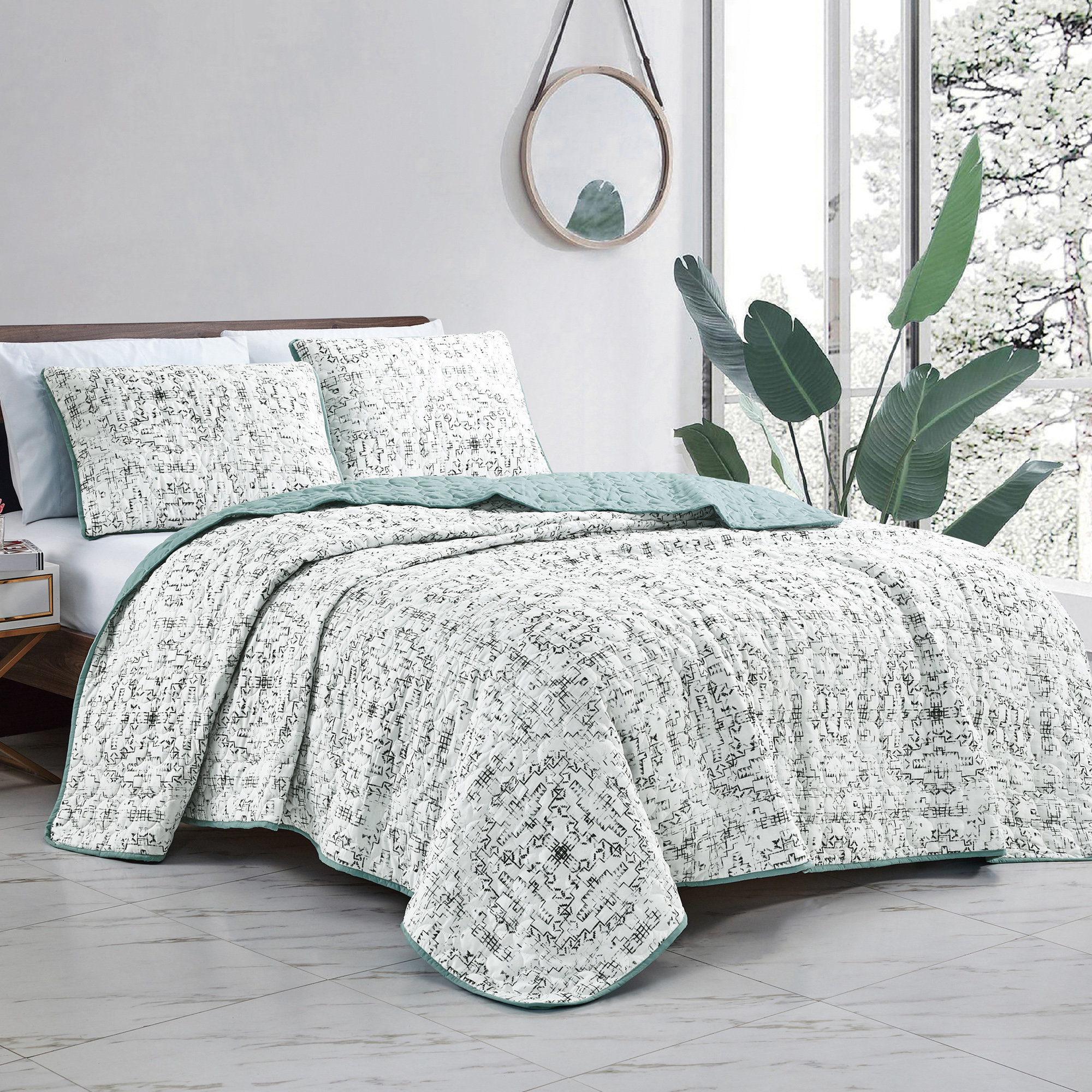 ESCA Light Ocean Green Microfiber Farmhouse/Country 3 Piece Coverlet ...