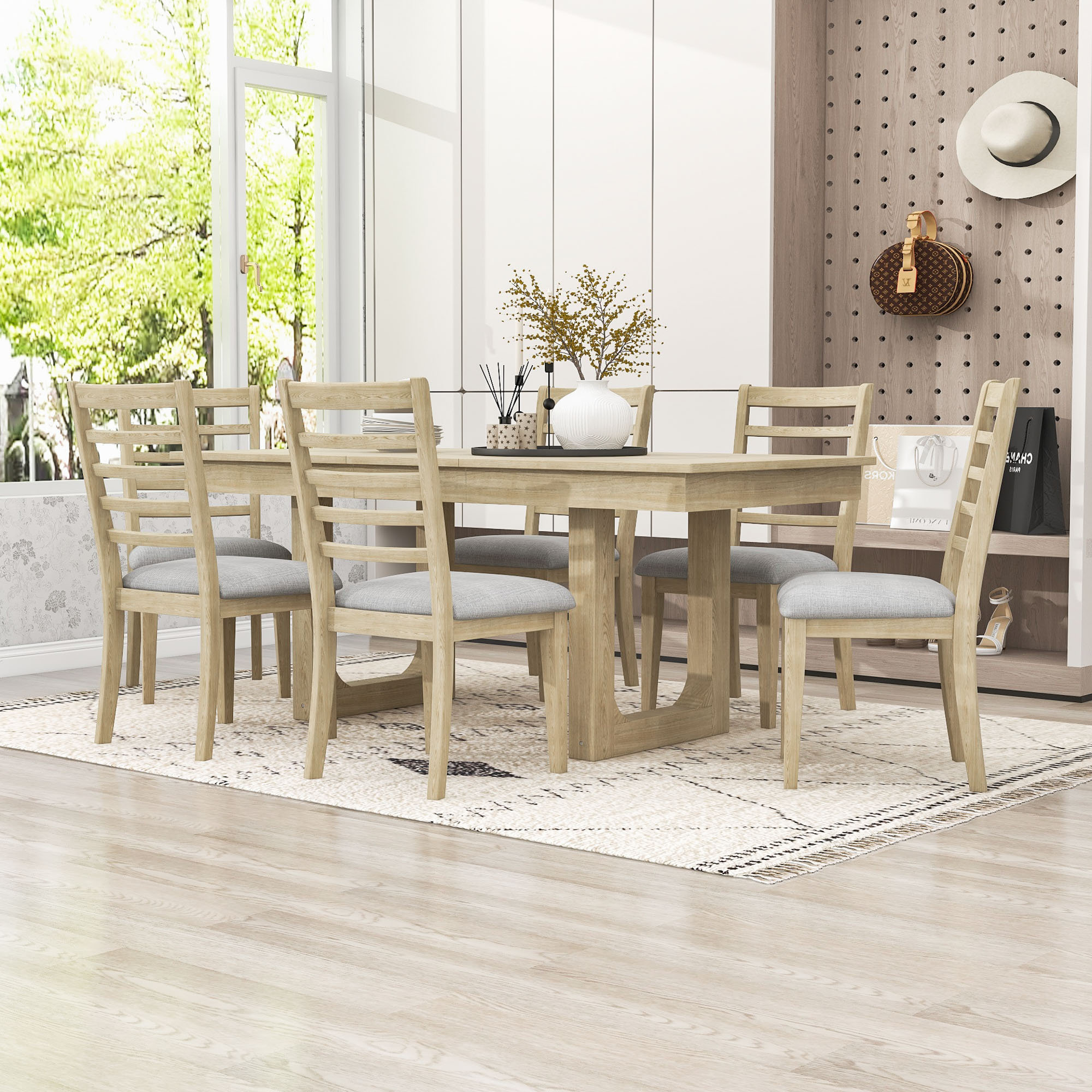 Lark Manor™ 7Pcs Extendable Wooden Dining Table Set with Move Leaf and ...