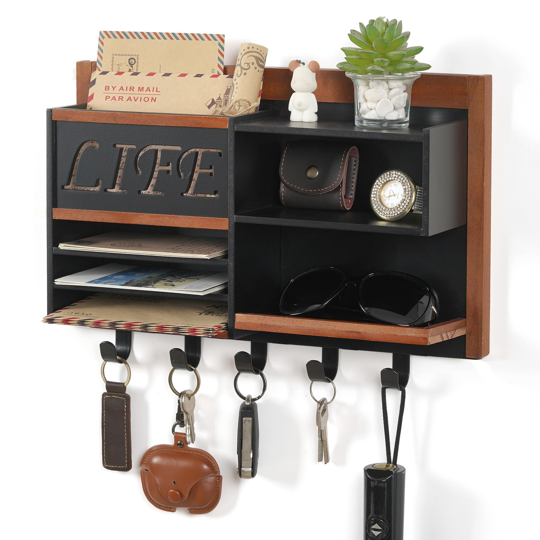 BOJUNTAN Wood Key Holder On Wall,Mail And Key Organizer For Wall With 5 ...