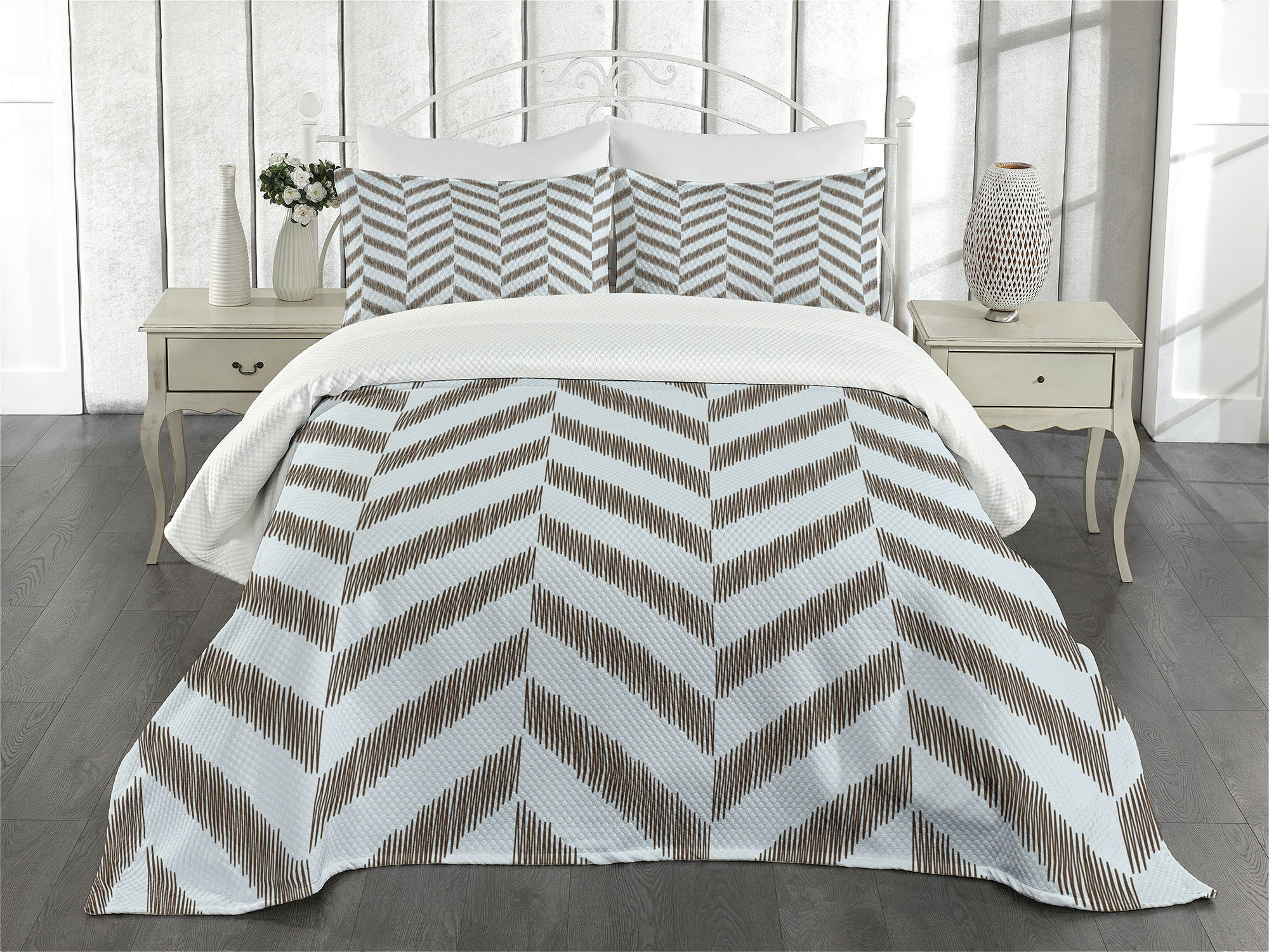 Ambesonne Aqua Bedspread Set 3 Pcs Sketchy Chevron Zig Zag Queen Sky Blue and Brown | Wayfair