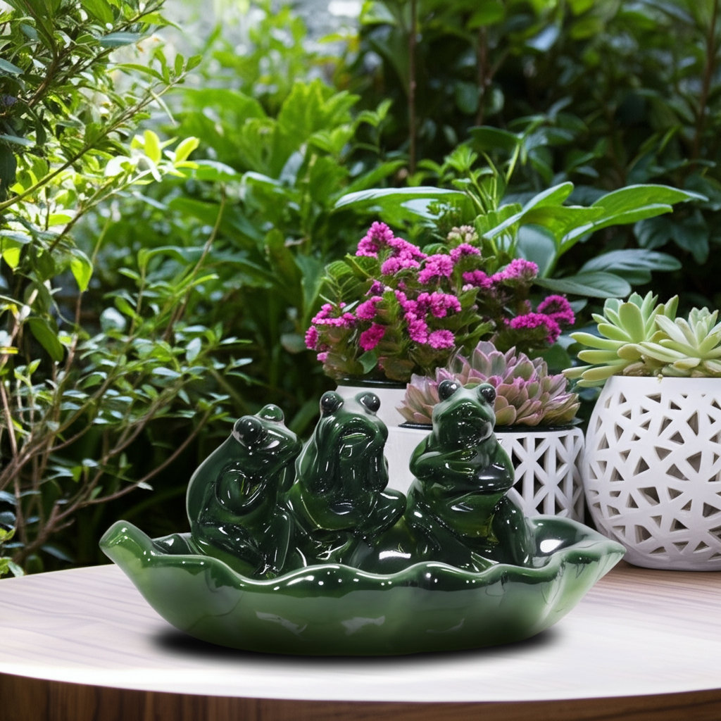 August Grove 12" Ceramic Frog Themed Bird Feeder - Contemporary Green ...