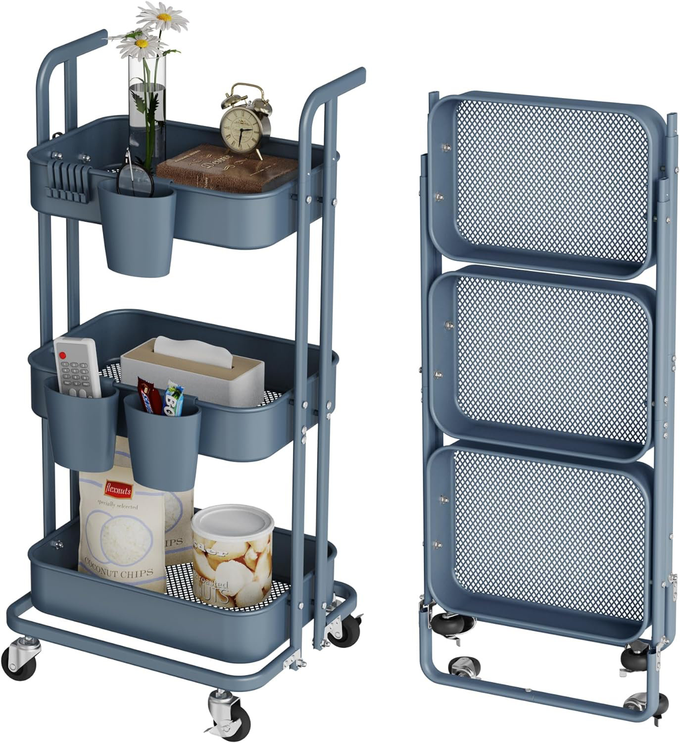 Elaine Mercure 3 Tier Foldable Rolling Cart, Metal Utility Cart With ...