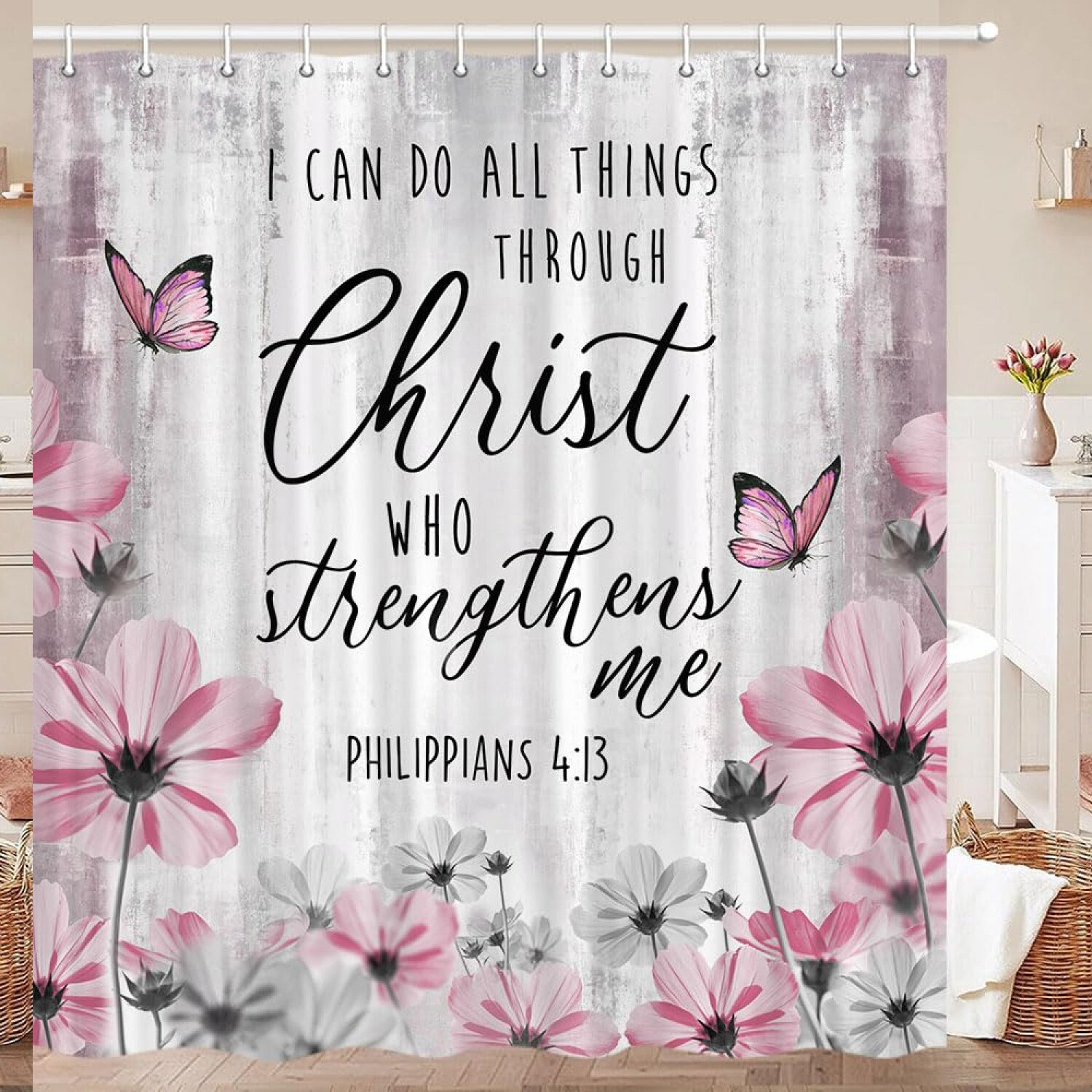 One Allium Way Faithful Blossoms Inspirational Shower Curtain - Pink ...