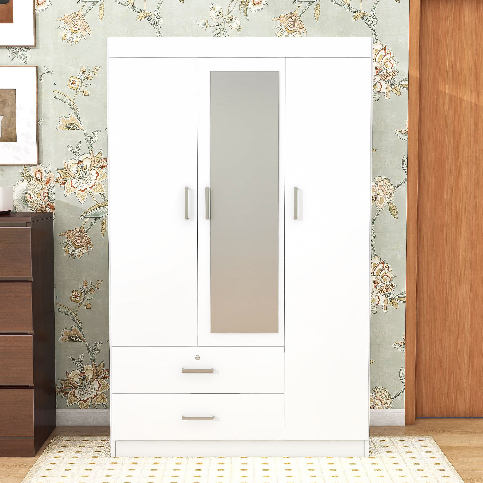 Ebern Designs Elegant 3-Door Armoire Wardrobe with Storage Shelves ...