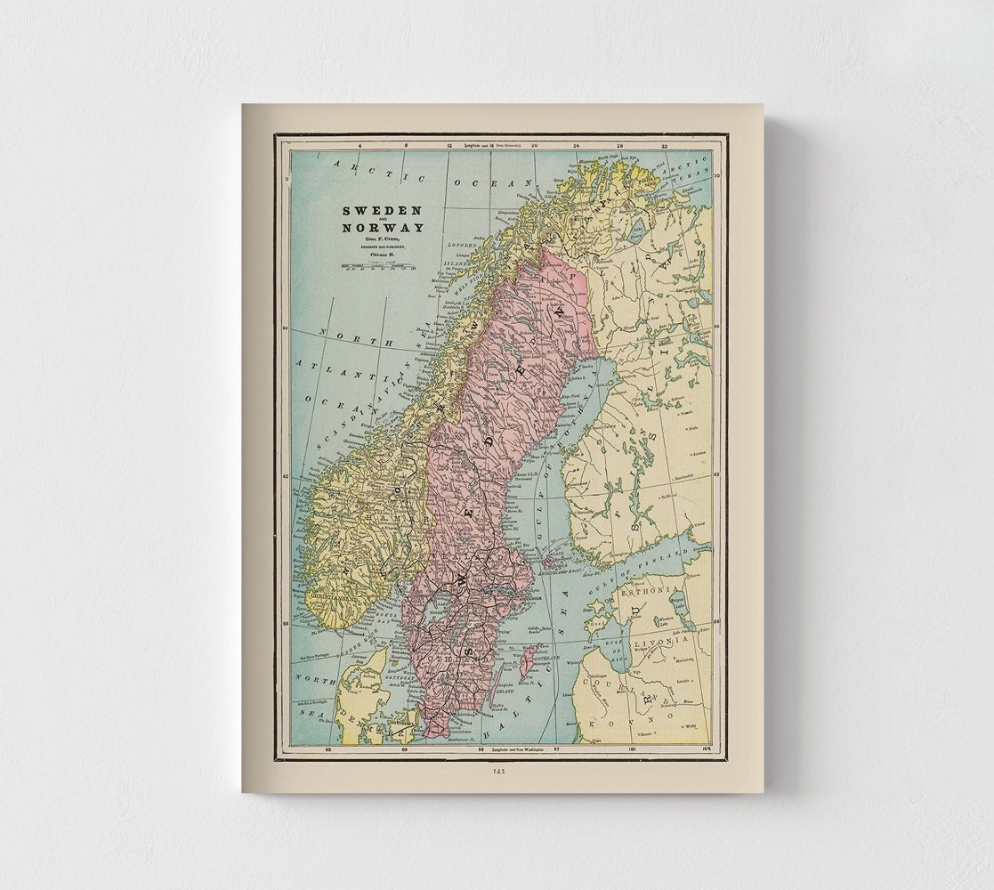 WeFrameArt Europe Sweden Norway - Cram 1892, Antique Map Of Sweden ...