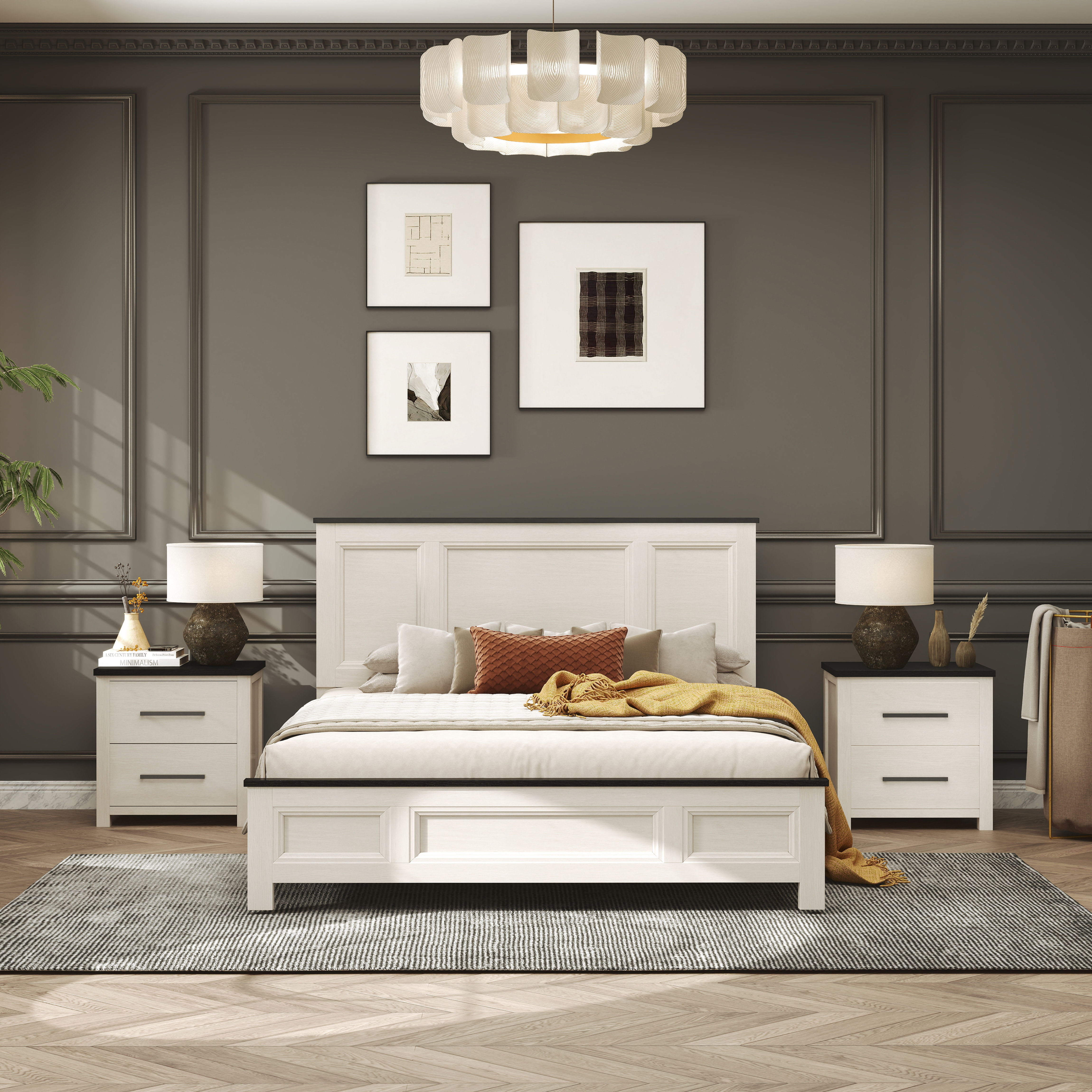 Roundhill Furniture Realynn 3-Piece Wood Bedroom Set, Panel Bed with 2 ...