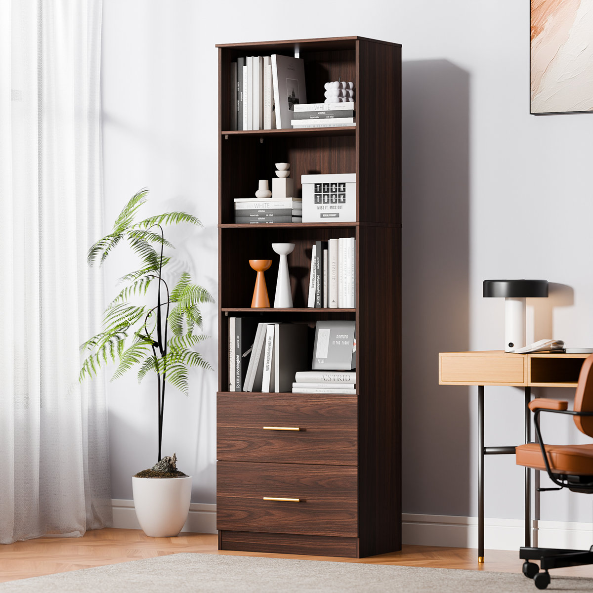 Ebern Designs 74.1" Bookcase with Drawers, 4 Shelf Bookcase with ...