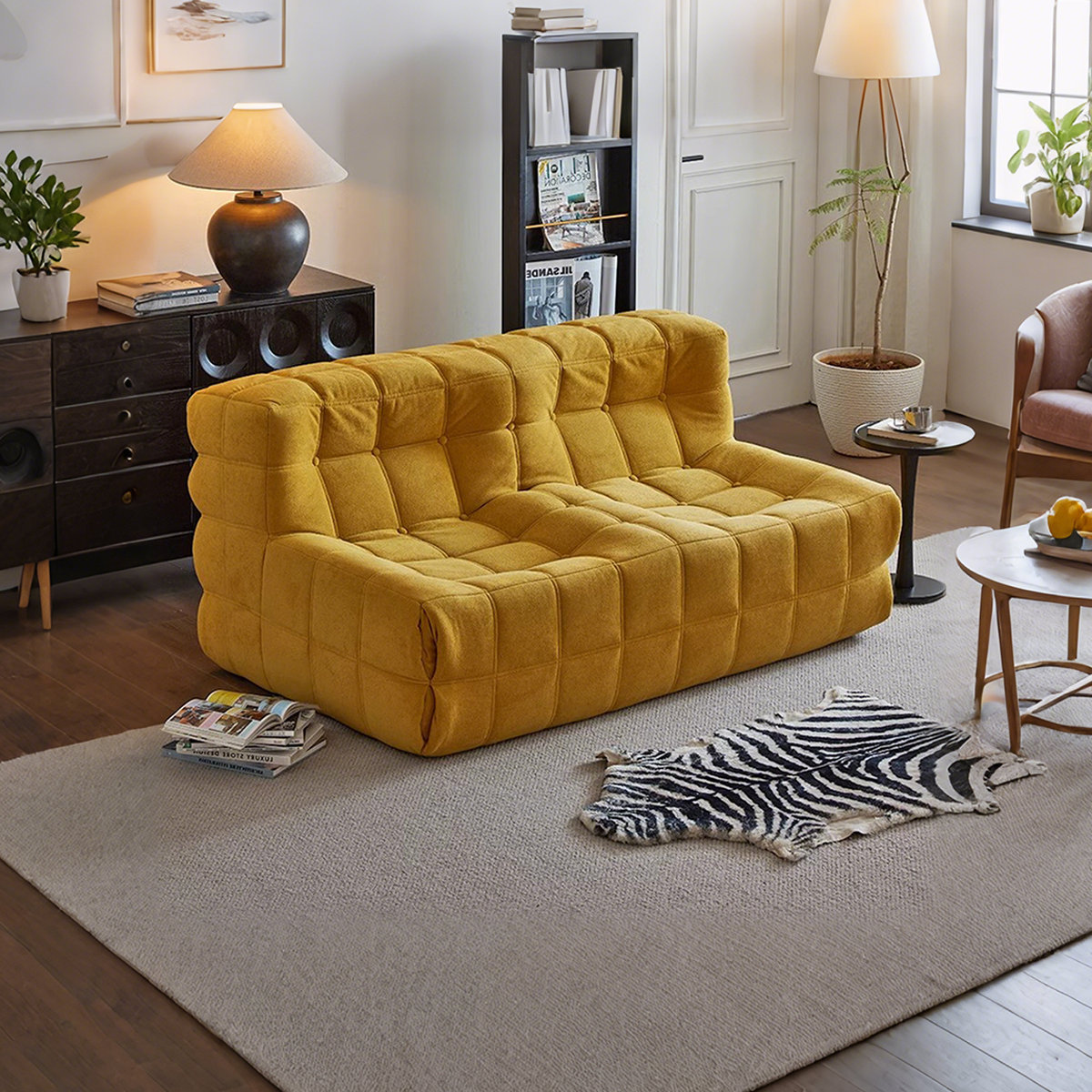 Brayden Studio® 62.99" Modern Minimalist Yellow Alpaca Fabric Waffle ...