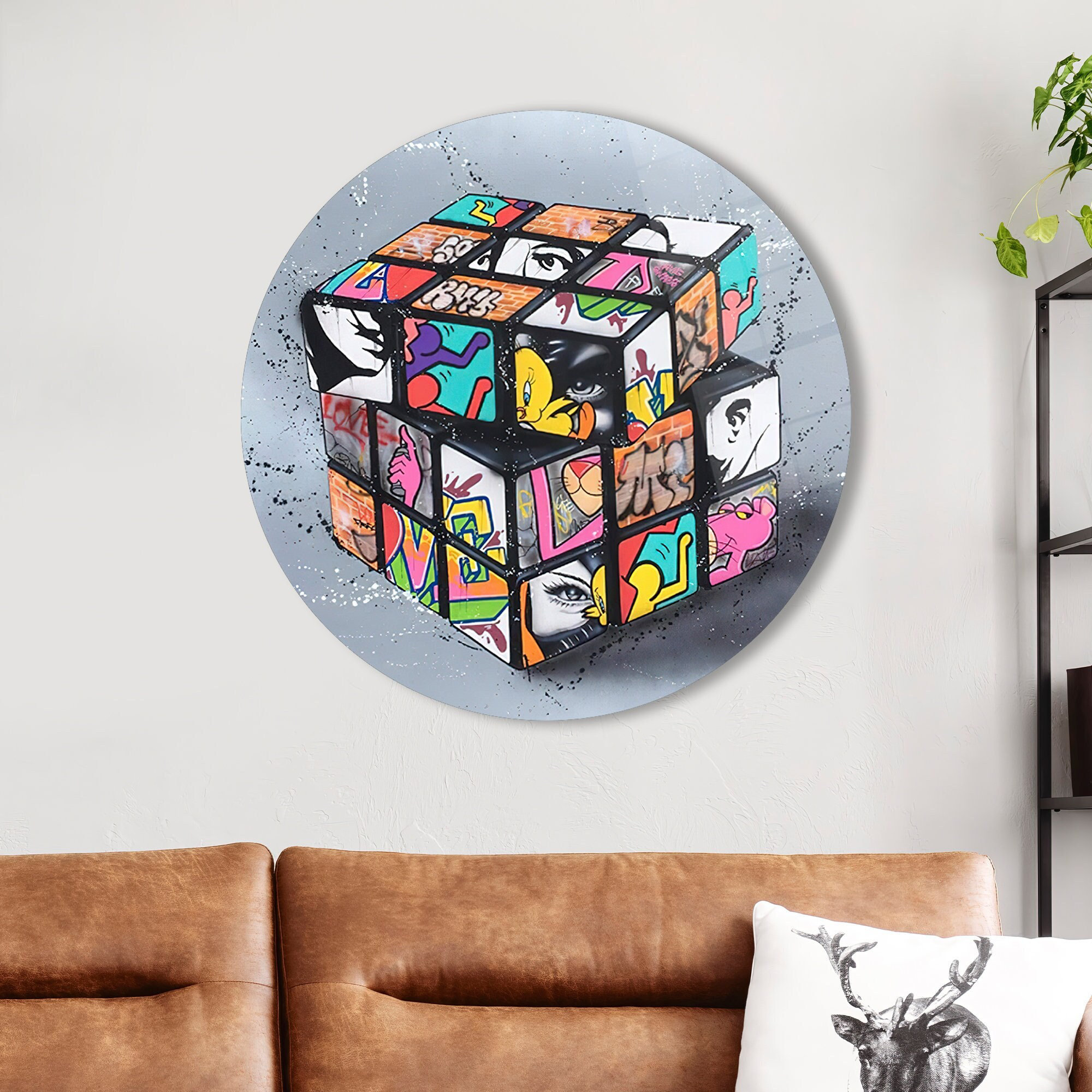 Hokku Designs Colorful Graffiti Rubik's Cube Print on Glass Wall Art ...