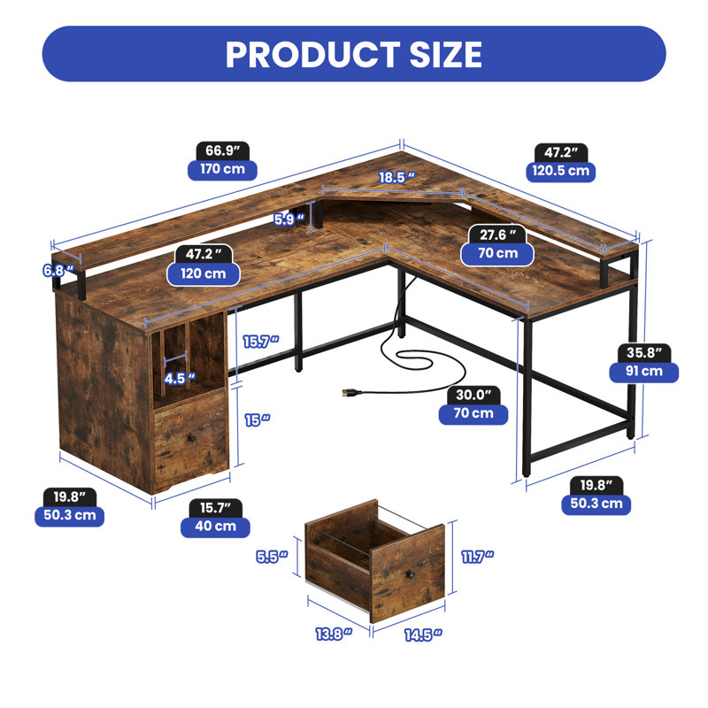 17 Stories 67″ Brown L-Shape Computer Desk with Storage, LED Lights ...