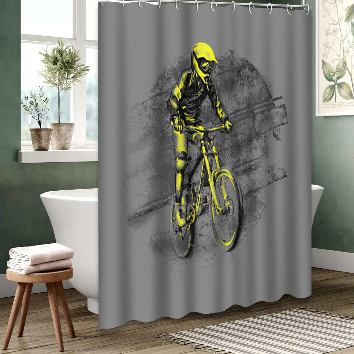 East Urban Home Black Bright Waterproof Shower Curtain,Abstract Art Bicycle Bike Biker Creative ...