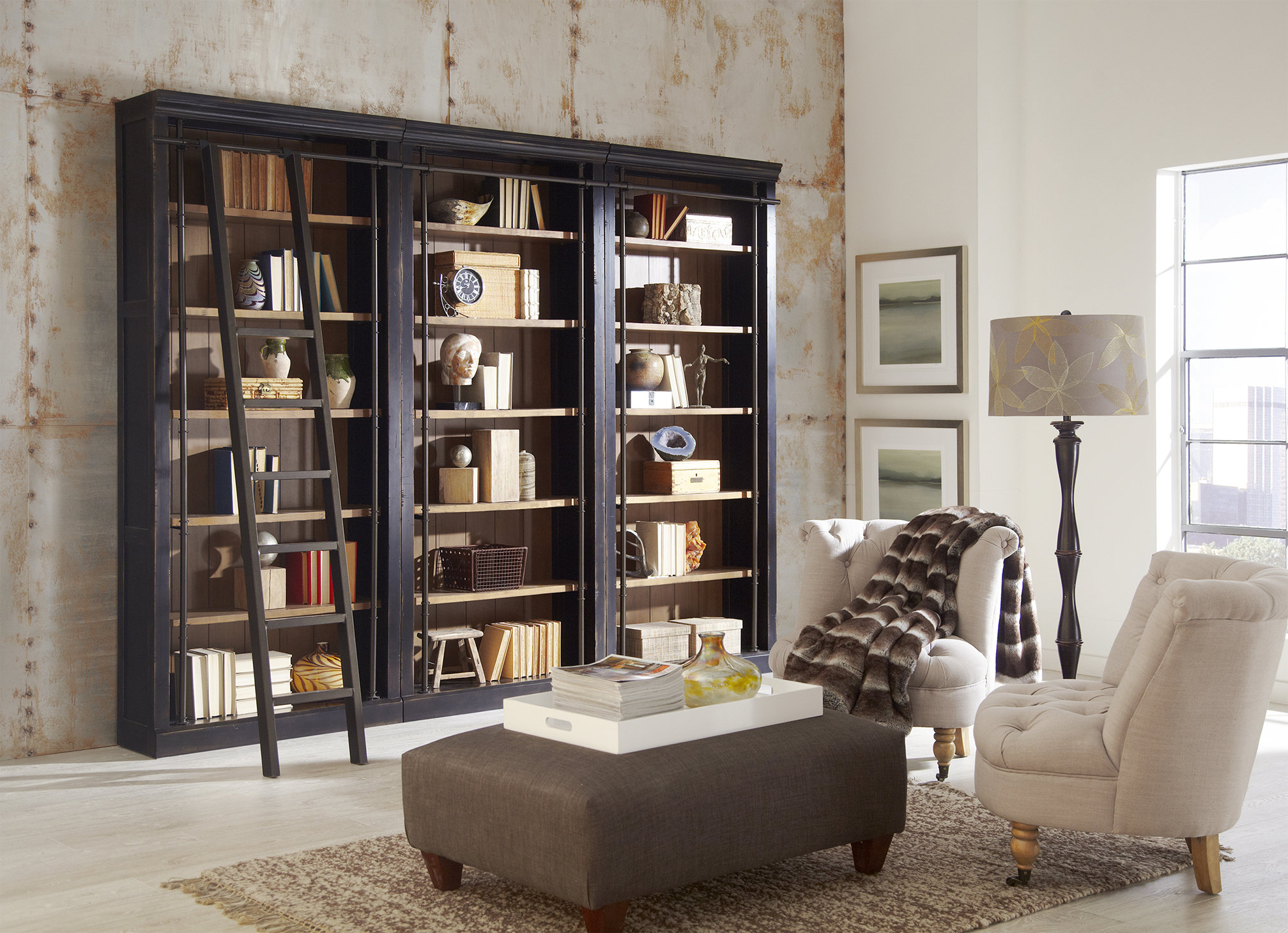 Birch Lane™ Lorna Assembled 94" Tall Bookcase Wall With Ladder, Storage ...
