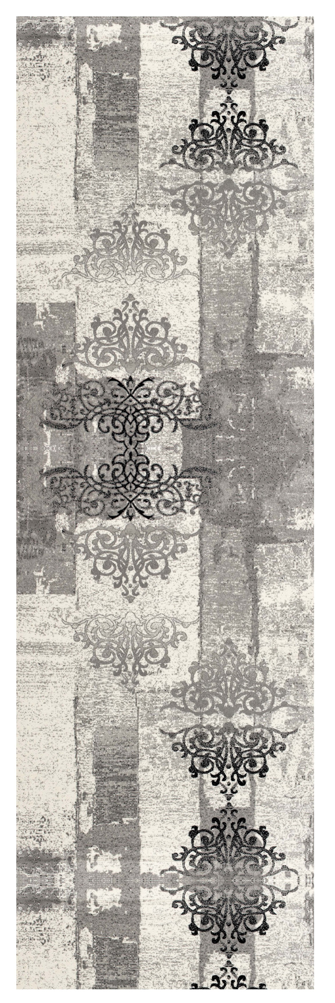 HomeRoots 15' Gray and Ivory Damask Power Loom Runner Rug | Wayfair