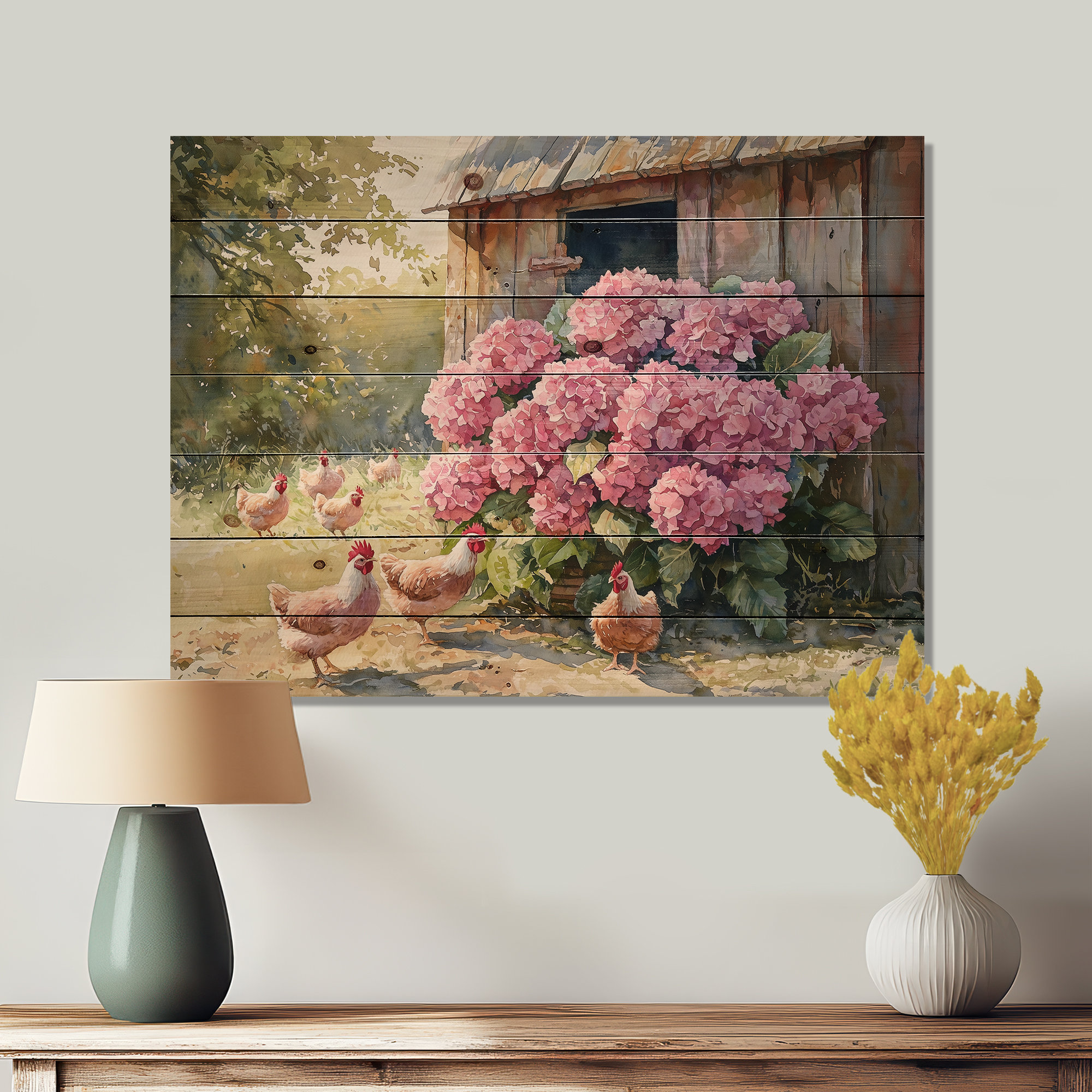 August Grove Hydrangeas By The Chicken Coop I - Hydrangea Wood Wall Decor - On Natural Pine Wood ...