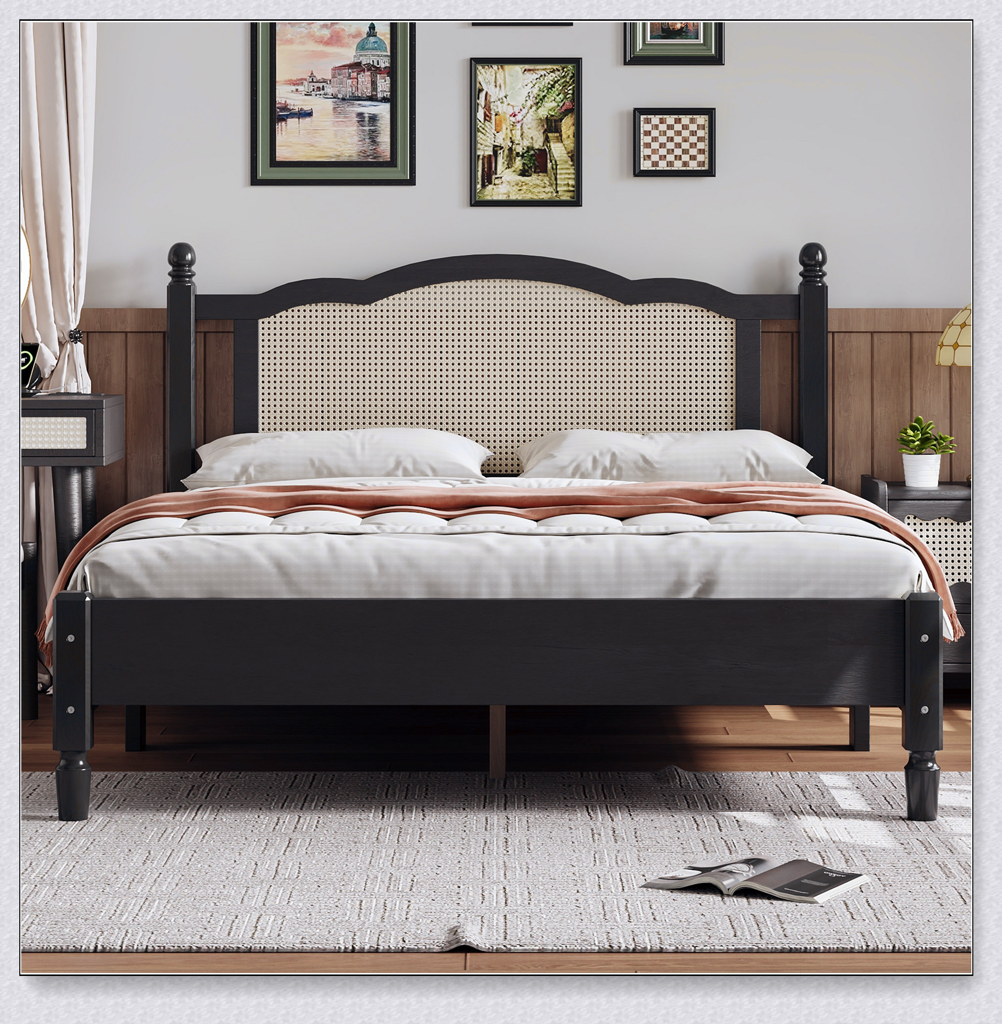 Dakota Fields Queen Size Wooden Platform Bed With Natural Rattan ...